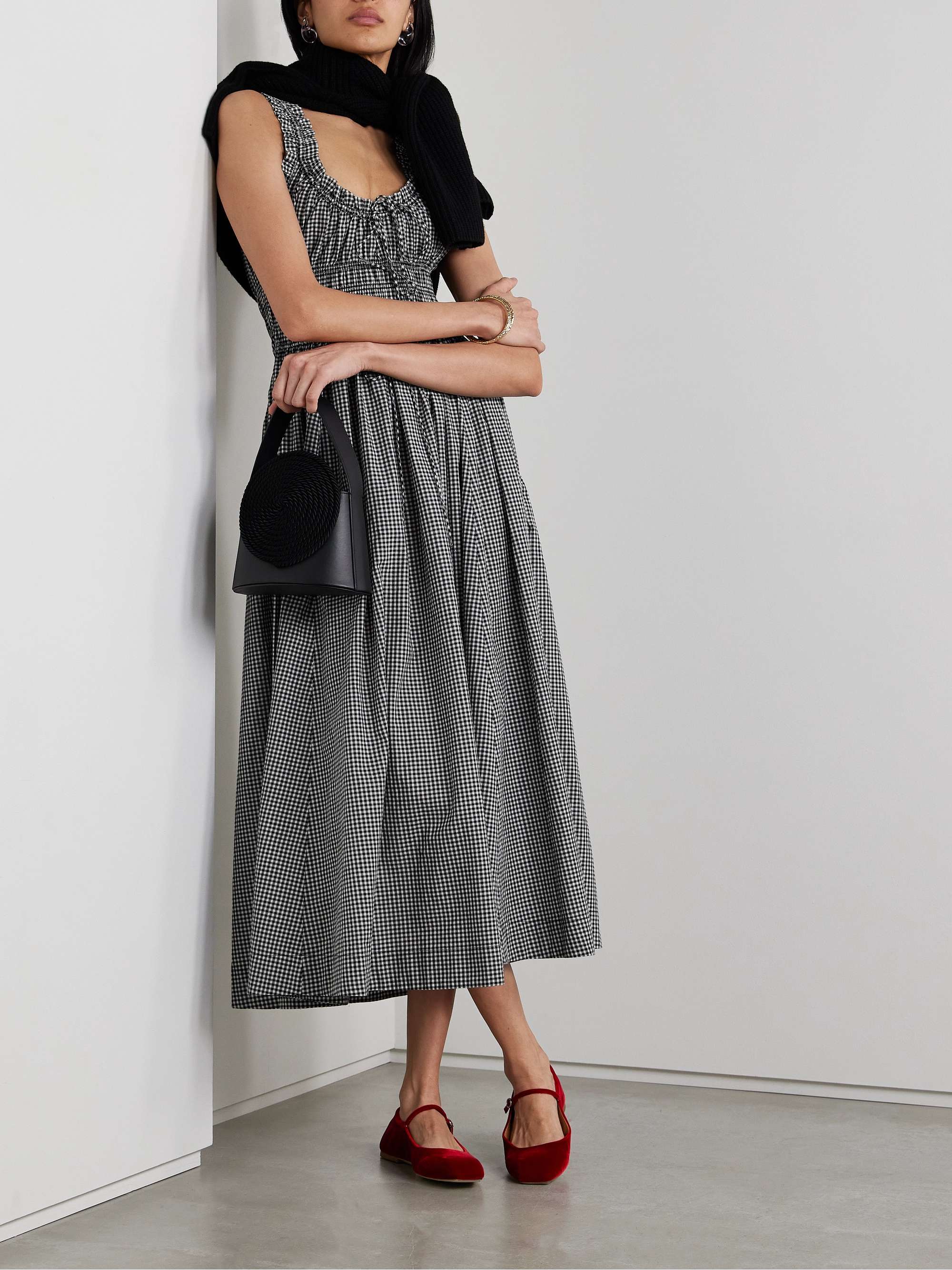 emmaretta gingham cotton maxi dress DôEn Emmaretta Shirred Gingham Organic Cotton-Voile Midi Dress - Black