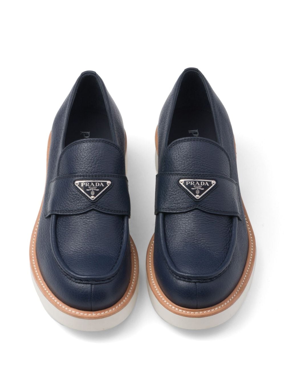 Prada Triangle-Logo Leather Loafers - Blue | Editorialist display picture 2