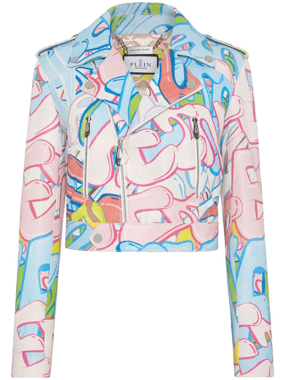 PHILIPP PLEIN Philipp Plein Graffiti-Logo Cropped Leather Biker Jacket