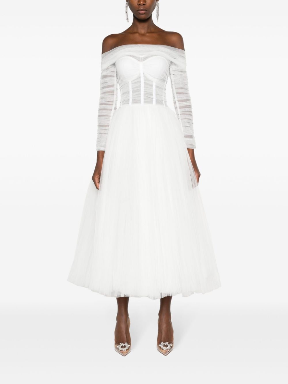 Bhldn Talia Square-Neck Corset Tulle Midi Dress - Red | Editorialist Bhldn Talia Square-Neck Corset Tulle Midi Dress - Red | Editorialist
