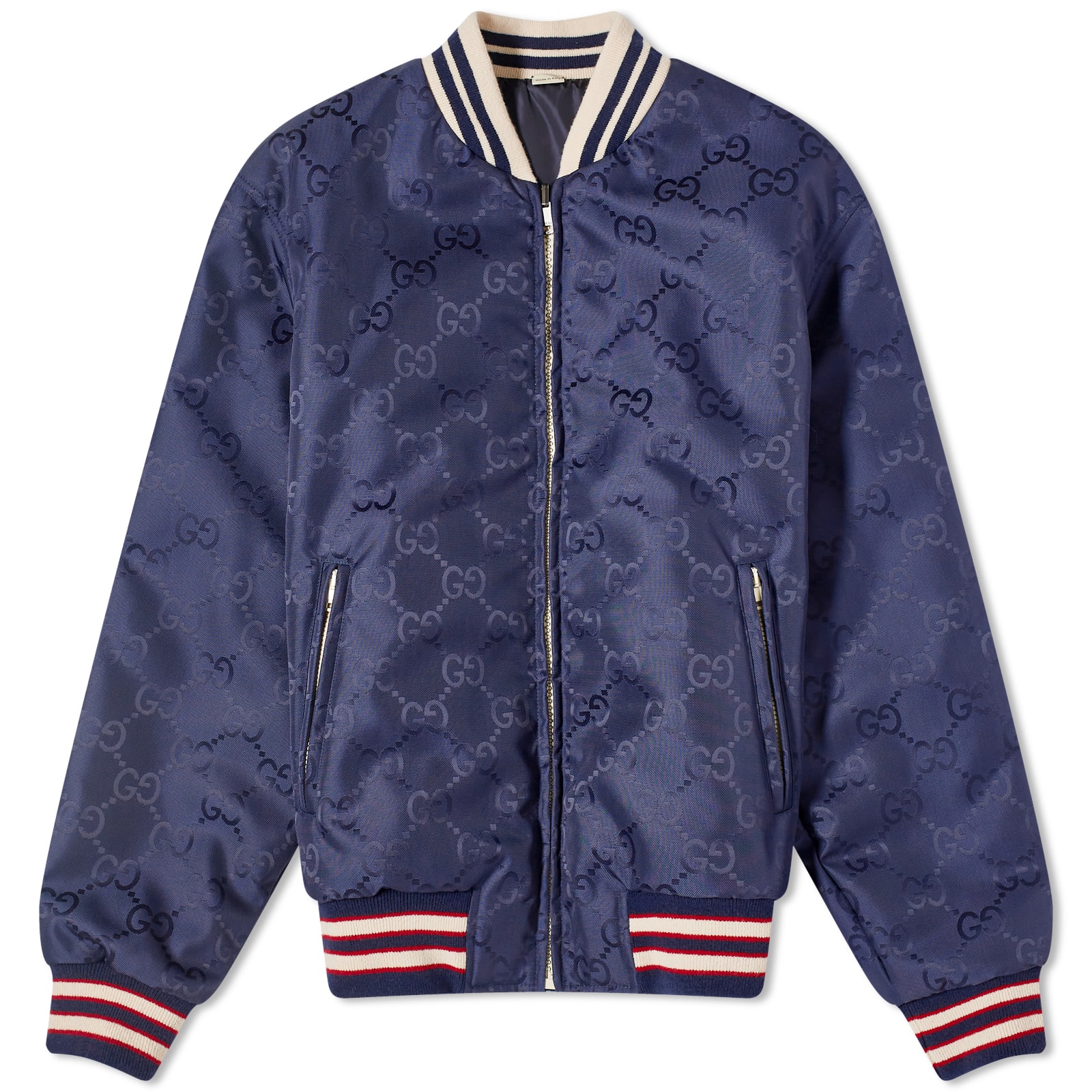 GUCCI ネイビー トリム付きジャケット 新品タグ付き Gucci Interlocking Logo Bomber Jacket - Navy | Editorialist