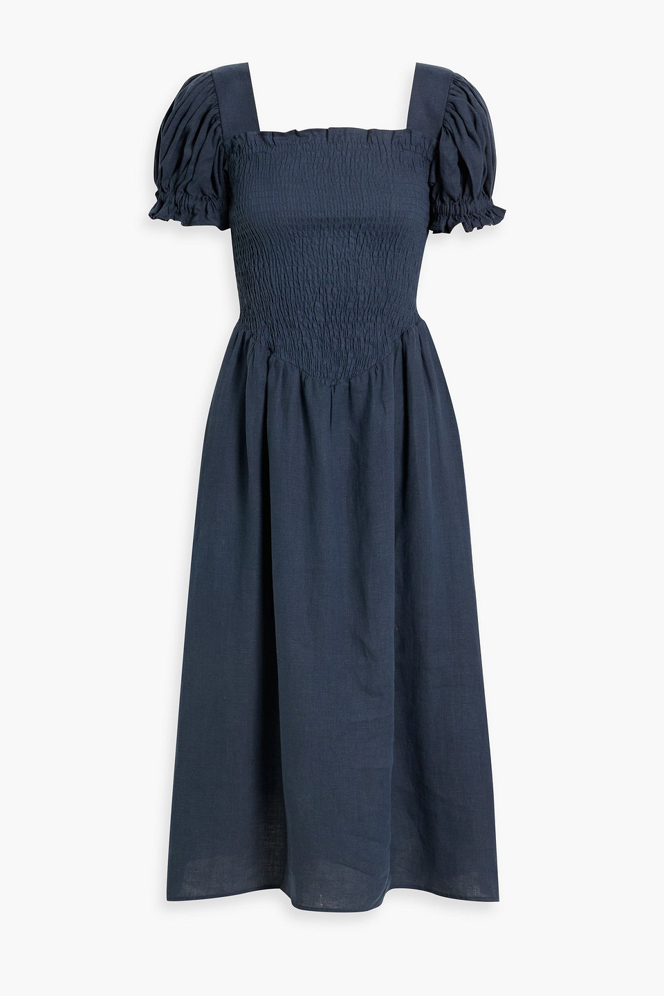 Sleeper Belle Shirred Linen Midi Dress In Navy - 50% Off | Editorialist