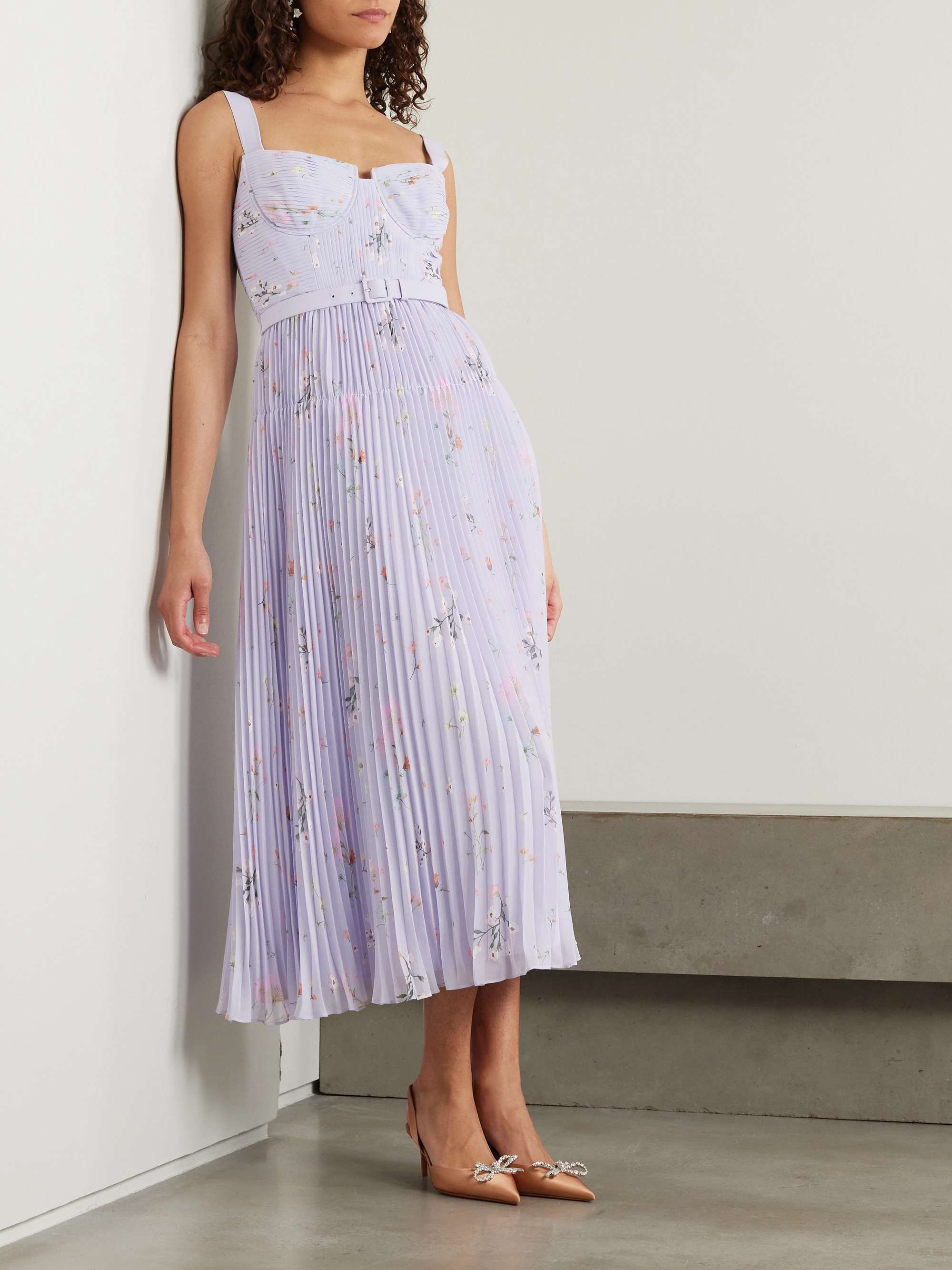 Self-Portrait Belted Floral-Print Chiffon Midi Dress - Lilac | Editorialist