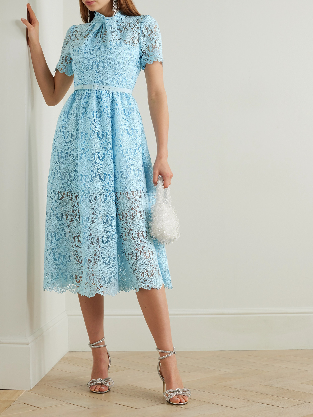 Self-Portrait Belted Guipure Lace Midi Dress - Blue | Editorialist