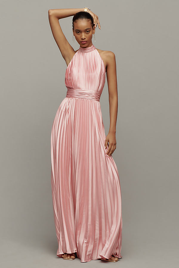 Mac Duggal Halter Pleated Maxi Dress In Pink - 86% Off | Editorialist