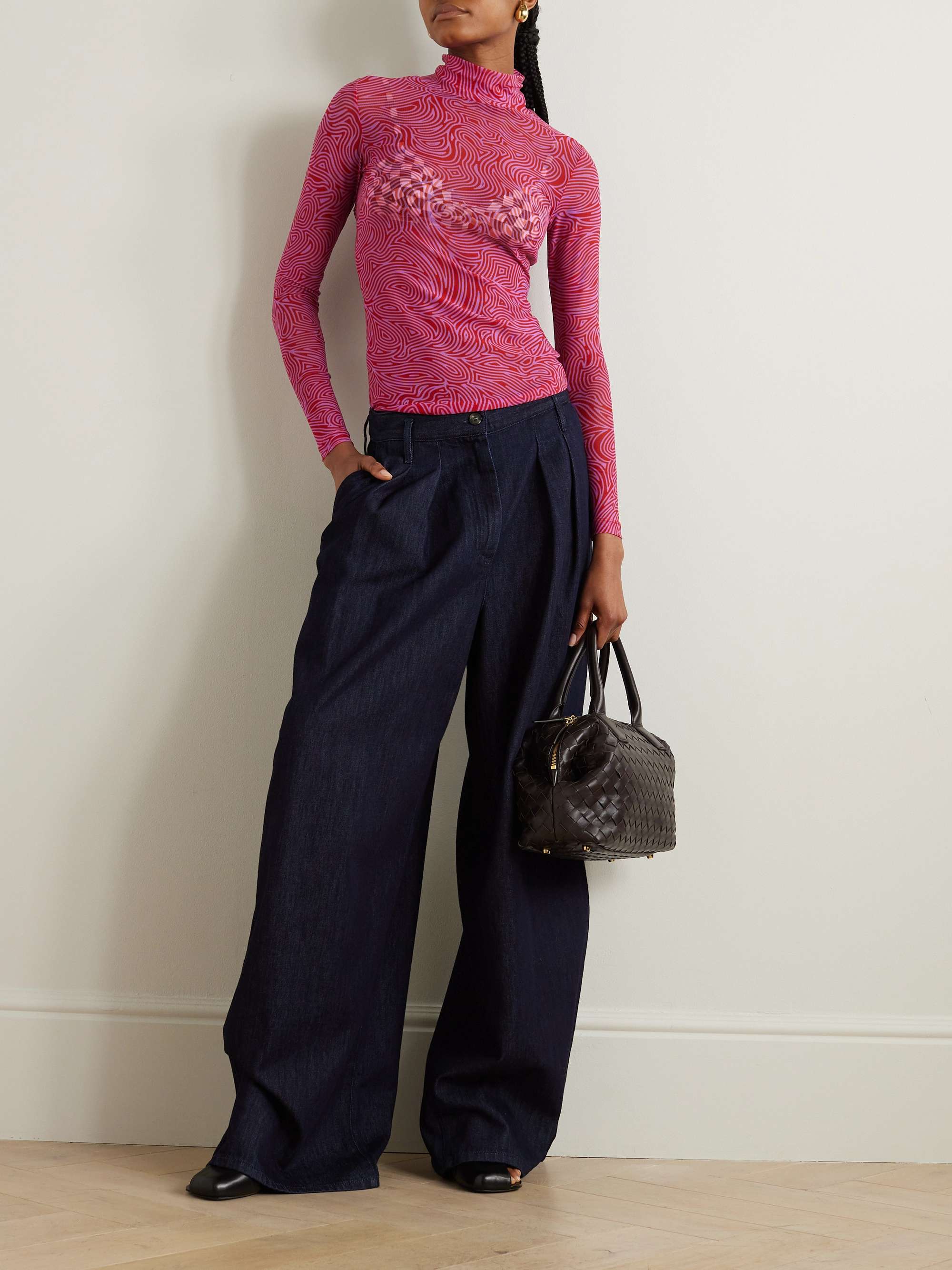 Dries Van Noten Printed Stretch-Mesh Turtleneck Top In Red - 70 
