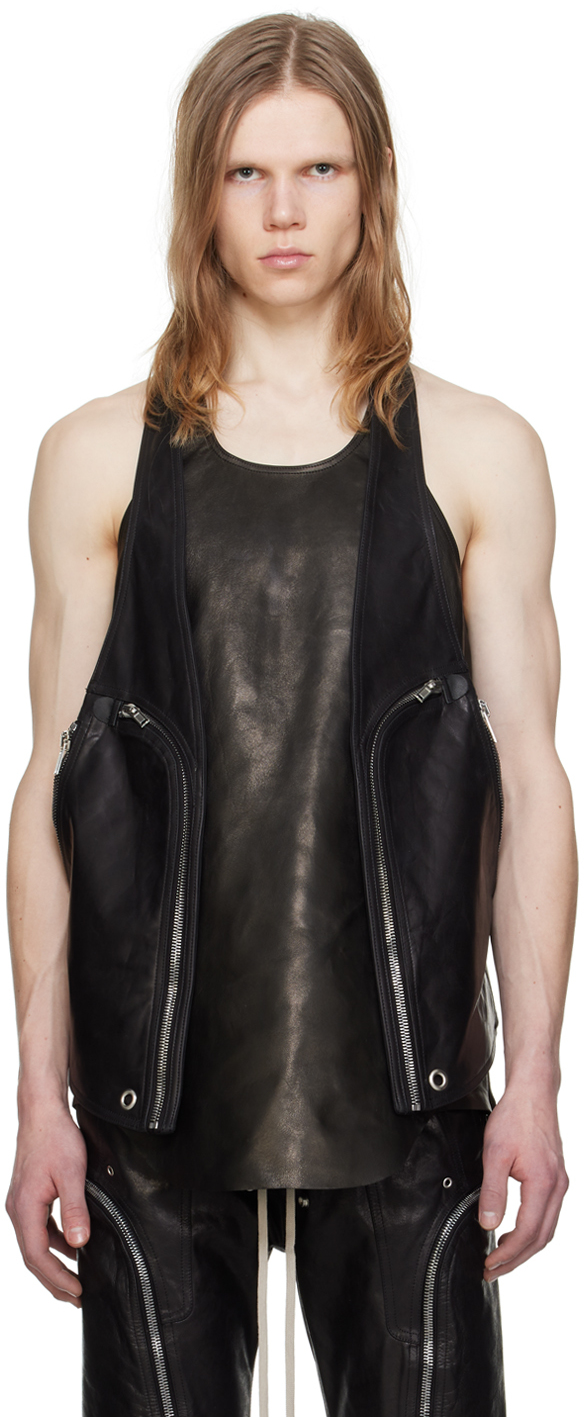 Rick Owens Black Bauhaus Leather Vest In 09 Black 60% Off