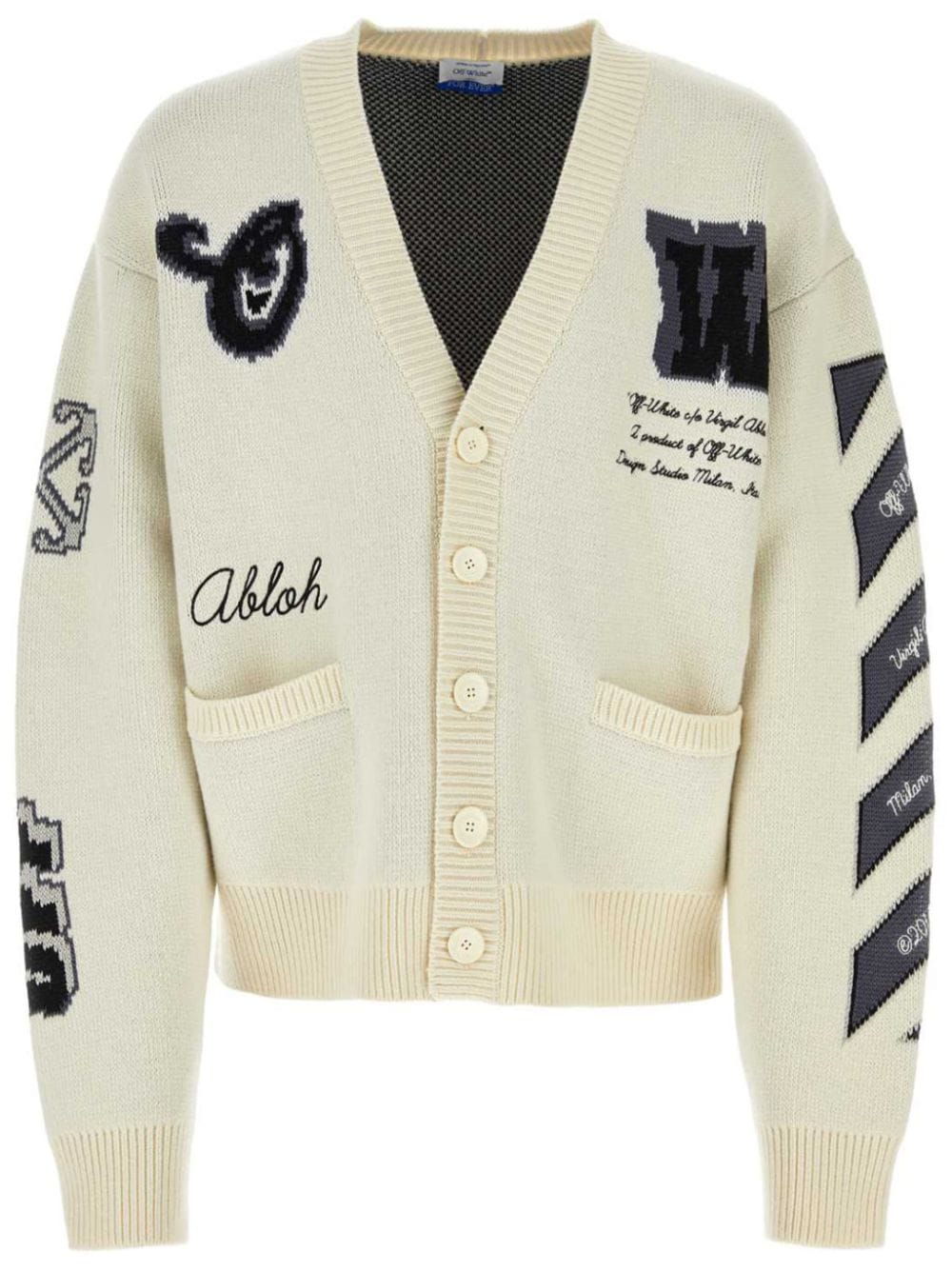 Off-White Varsity Ribbed V-Neck Cardigan - Neutrals - 17% Off