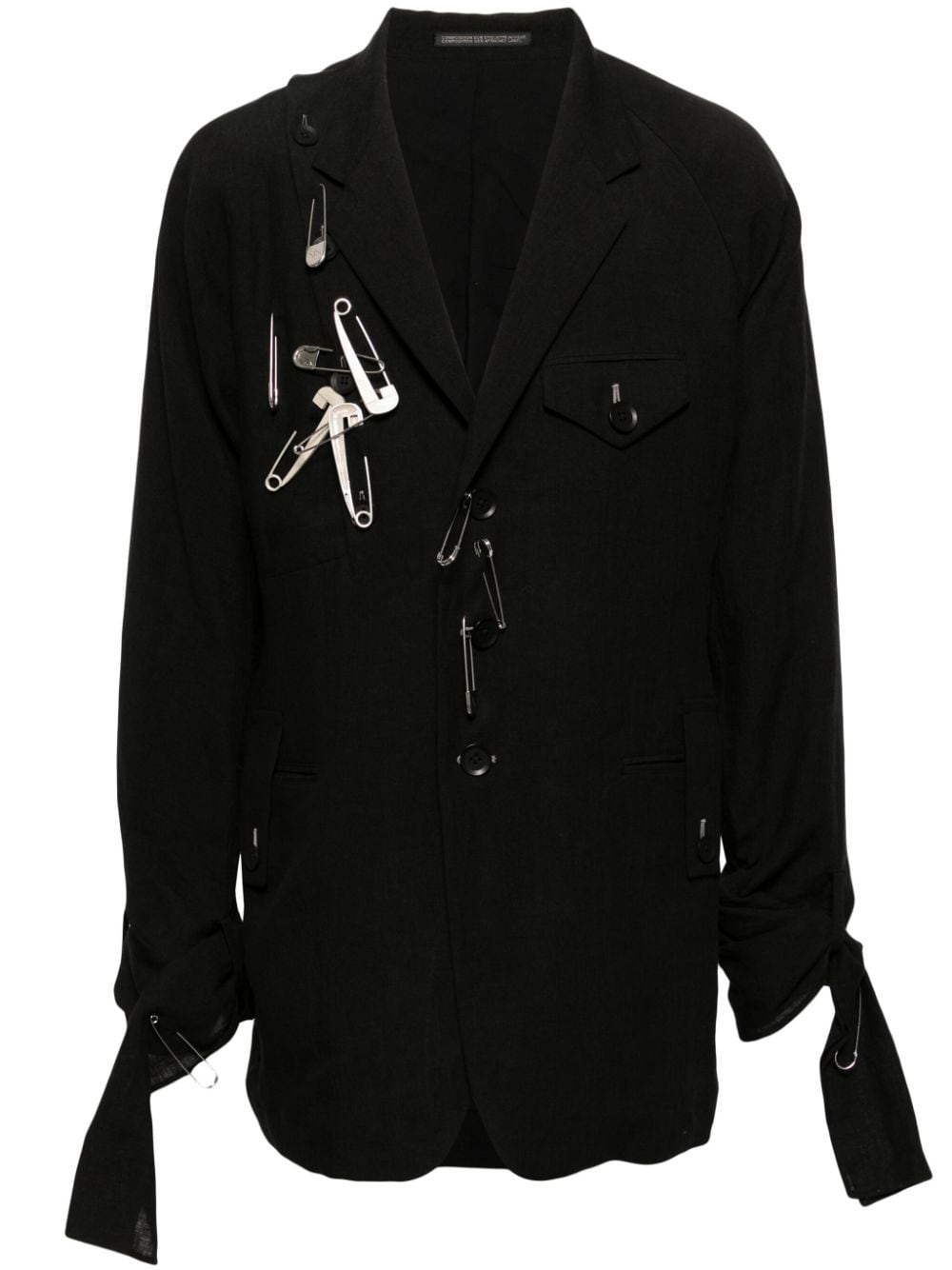 Yohji Yamamoto Safety-Pin Embellished Linen Blazer In Black - 57