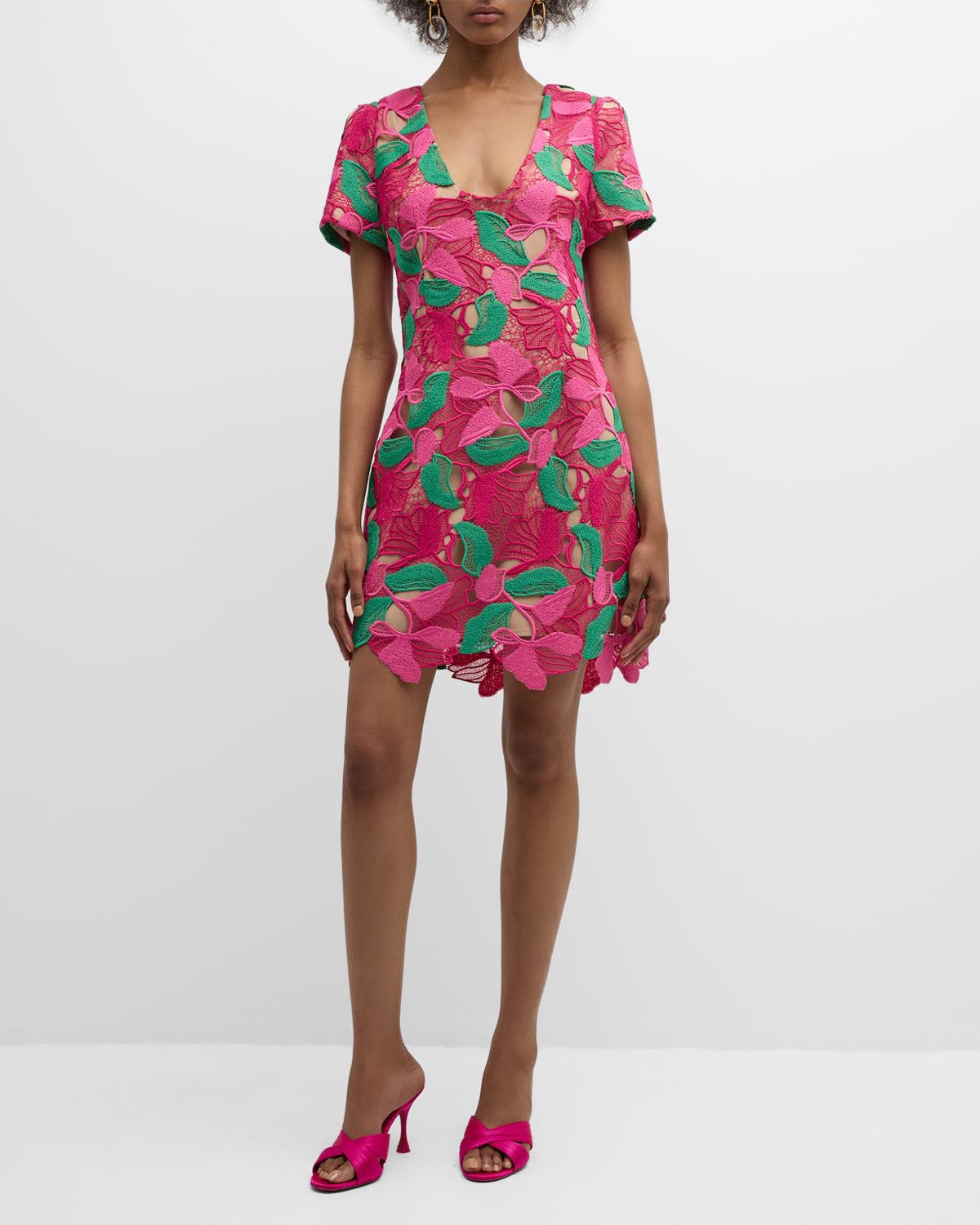 slim fit dress slacks Tahlia Embroidered Floral Lace Dress in Fuchsia Pink