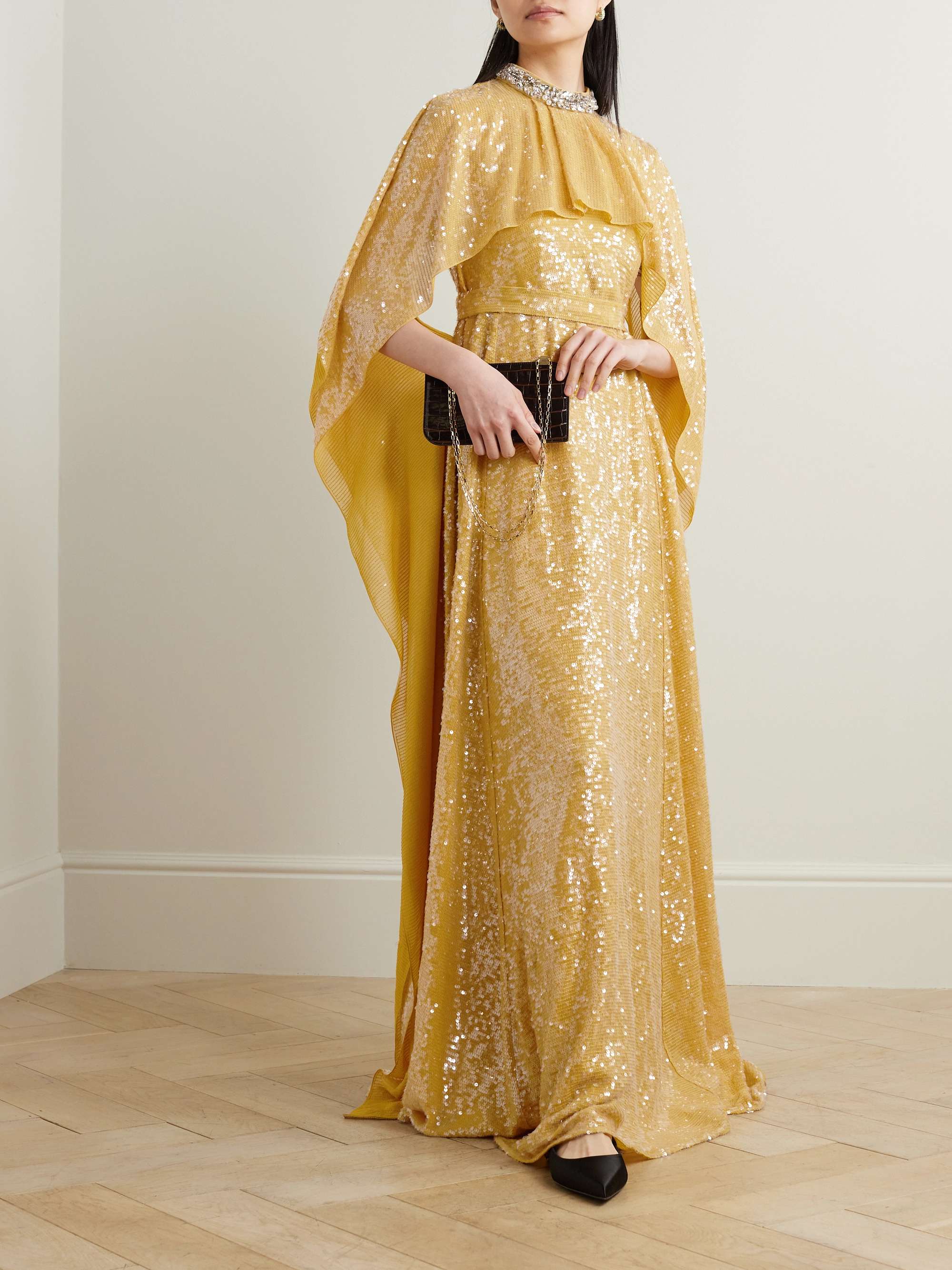 Erdem Cape-Effect Crystal-Embellished Sequined Gown In Gold - 70% Off |  Editorialist
