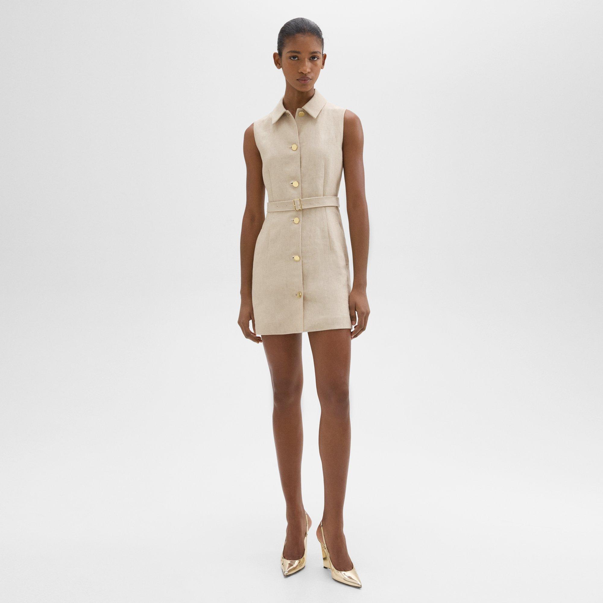 Theory Sleeveless Belted Linen Mini Dress - Straw | Editorialist Theory Sleeveless Belted Linen Mini Dress - Straw | Editorialist