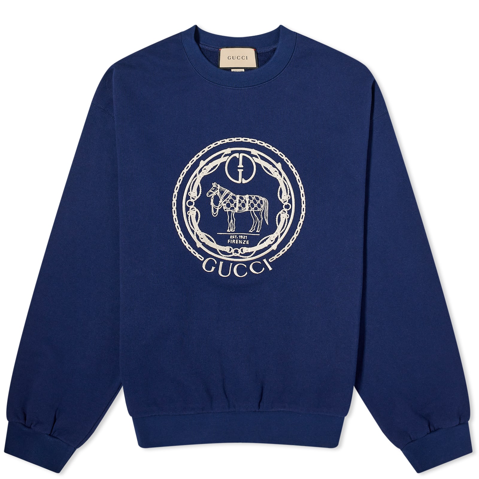 Gucci Horse Parade Logo Crew Neck Sweat - Navy | Editorialist