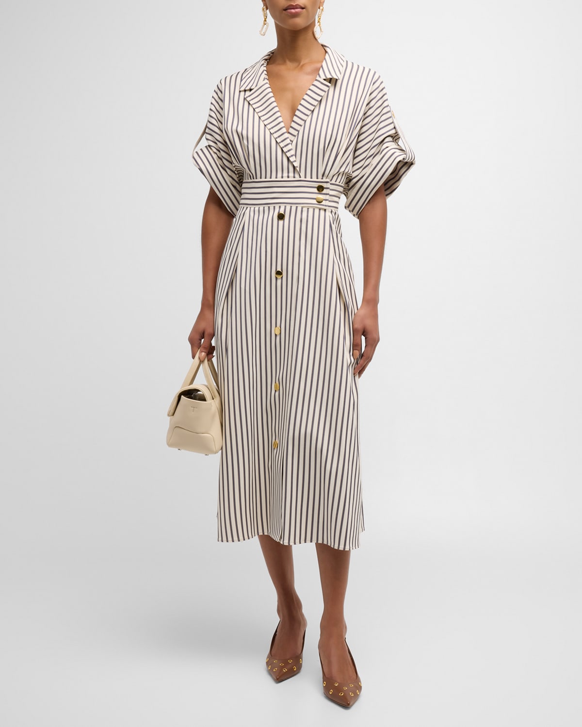 Carolina Herrera Striped Belted Shirtdress Ecru Multi Editorialist