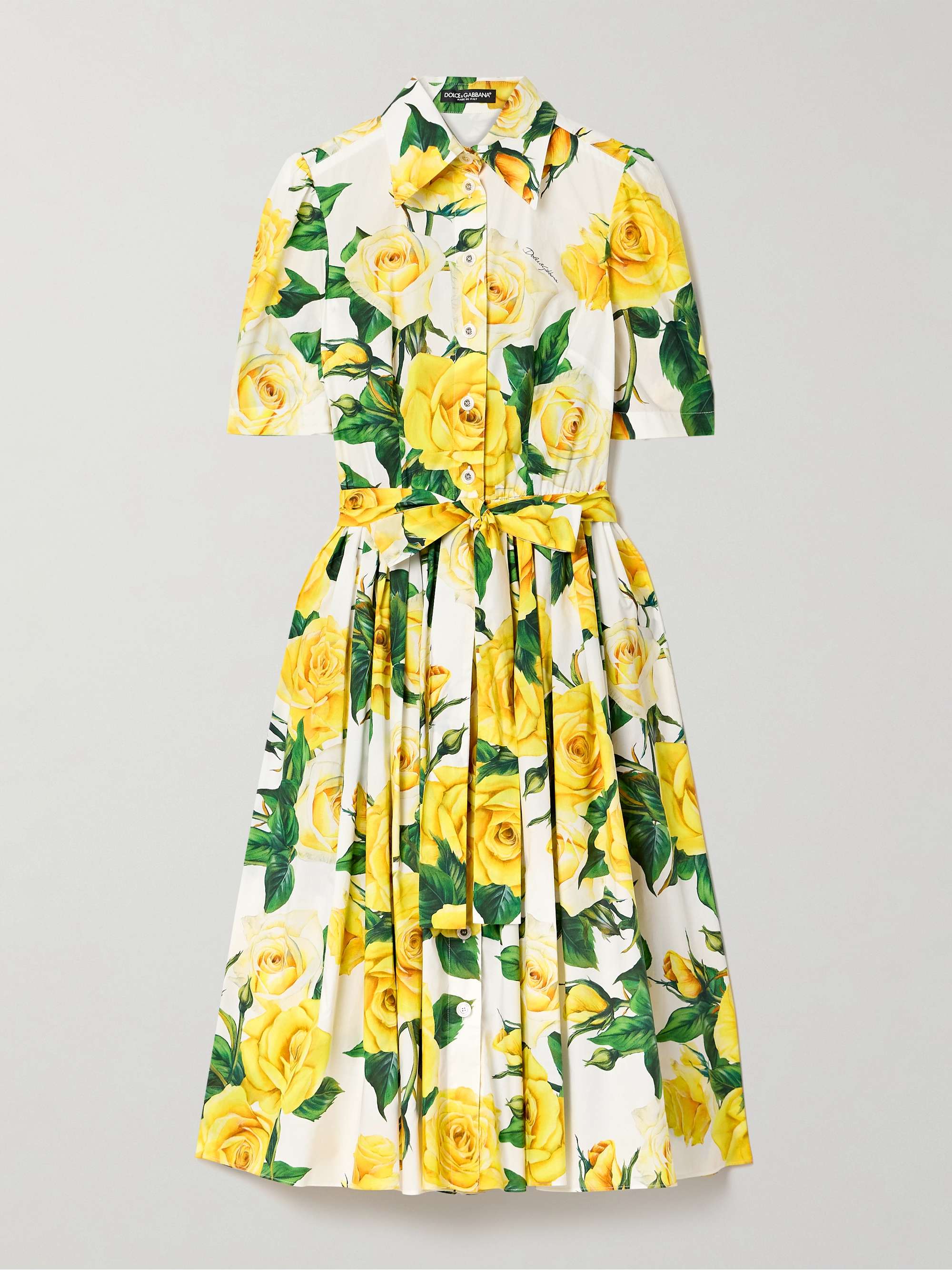 Dolce Gabbana Belted Pleated Floral-Print Midi Dress In Yellow