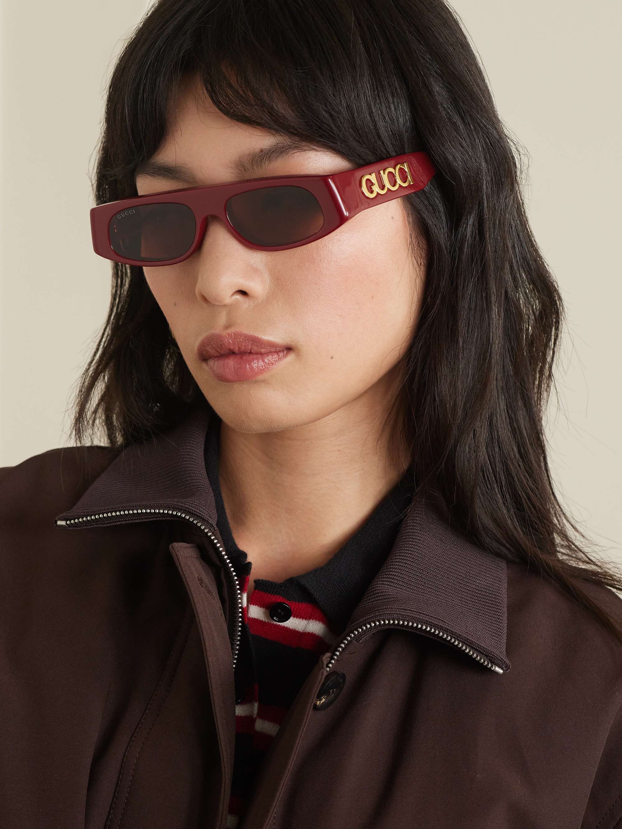 Gucci Burgundy Rectangular Sunglasses with Gold Horsebit Trim Gucci - Rectangular Sunglasses - Burgundy - Gucci Eyewear  main image 2