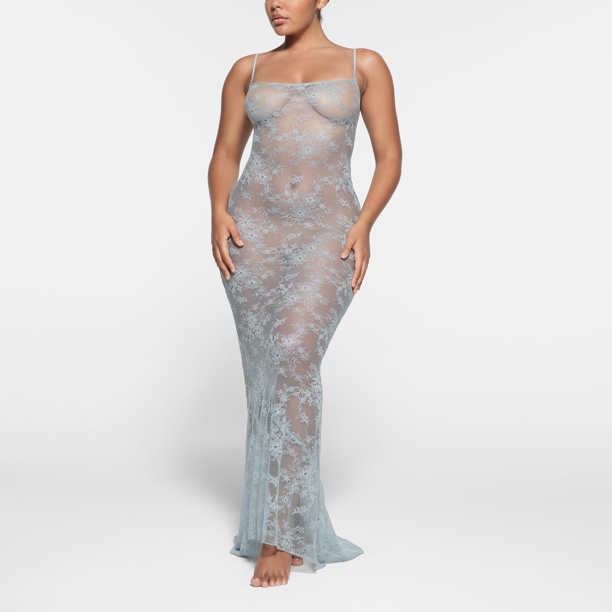 skims ultra fine lace cami long dress Skims Ultra Fine Lace Cami Long Dress - Marble