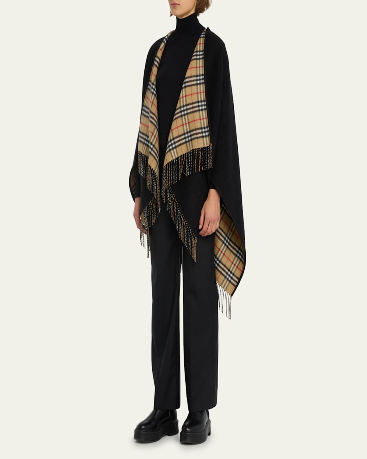 BURBERRY vintage-style check fringed wool cape