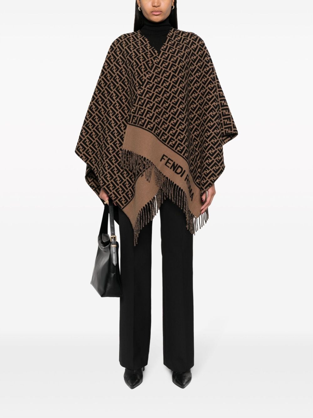 FENDI FENDI FF-Logo Print Virgin Wool-Cashmere Blend Poncho