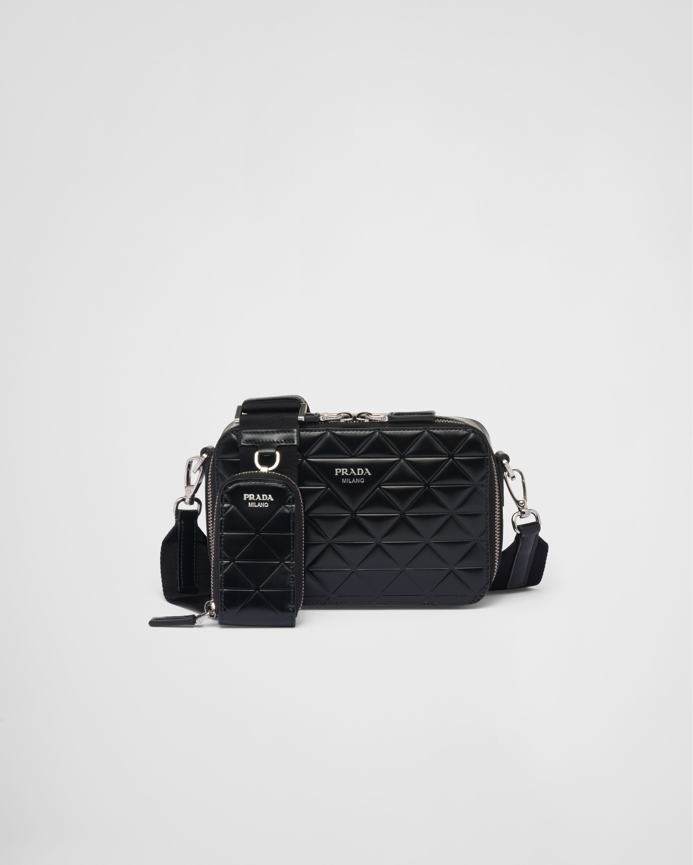 Prada Brique Brushed Leather Bag With Triangle Motif - Black