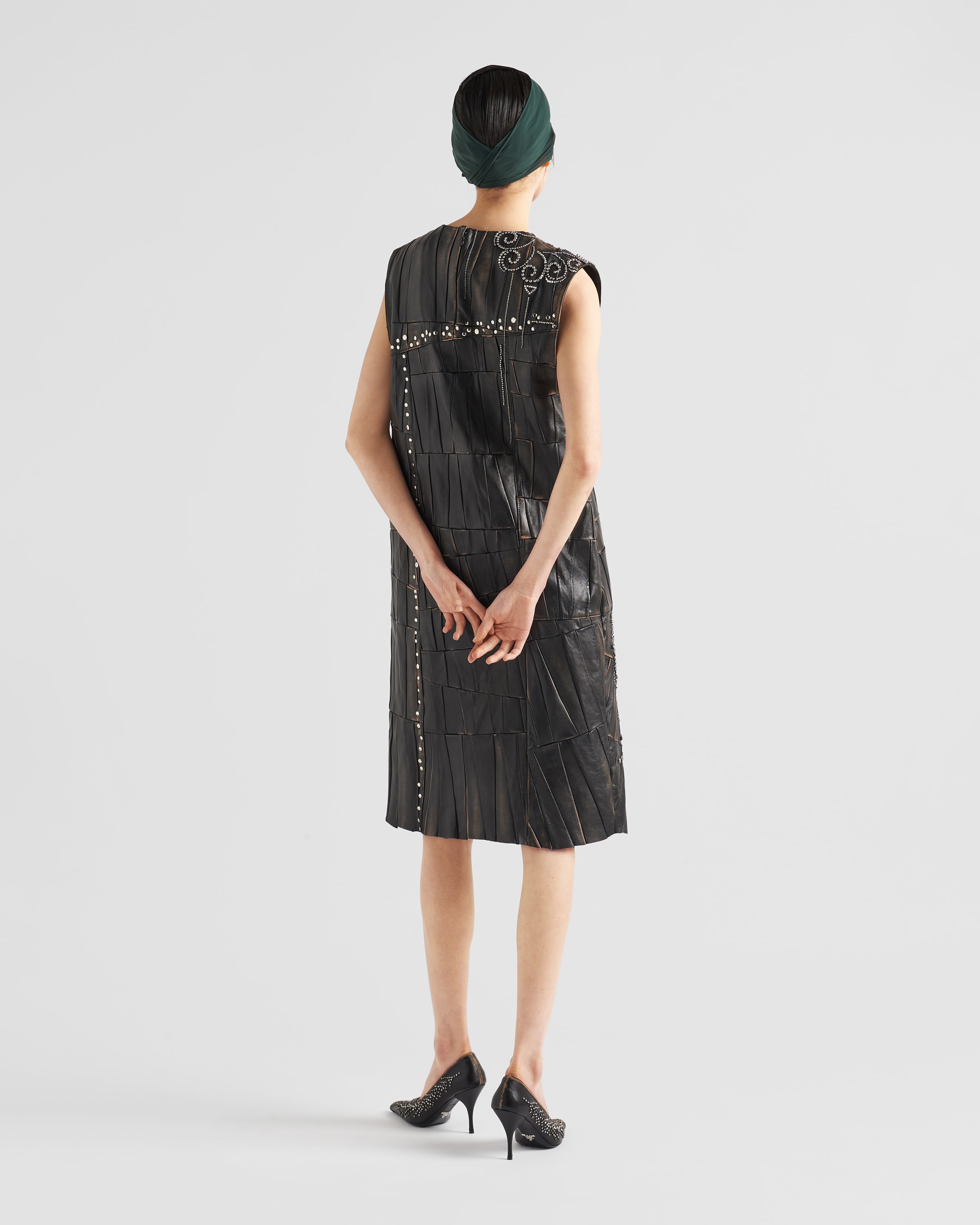 knee length dresses for ladies Prada Nappa Leather Patchwork Dress – Runway Catalog