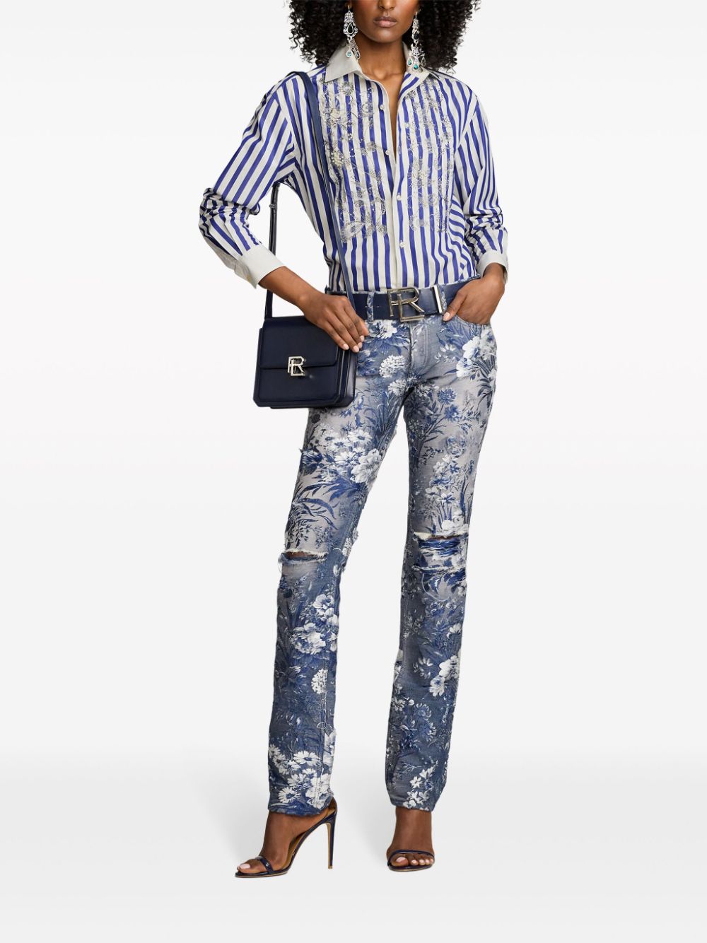 RALPH LAUREN Embellished Striped Cotton Capri Shirt