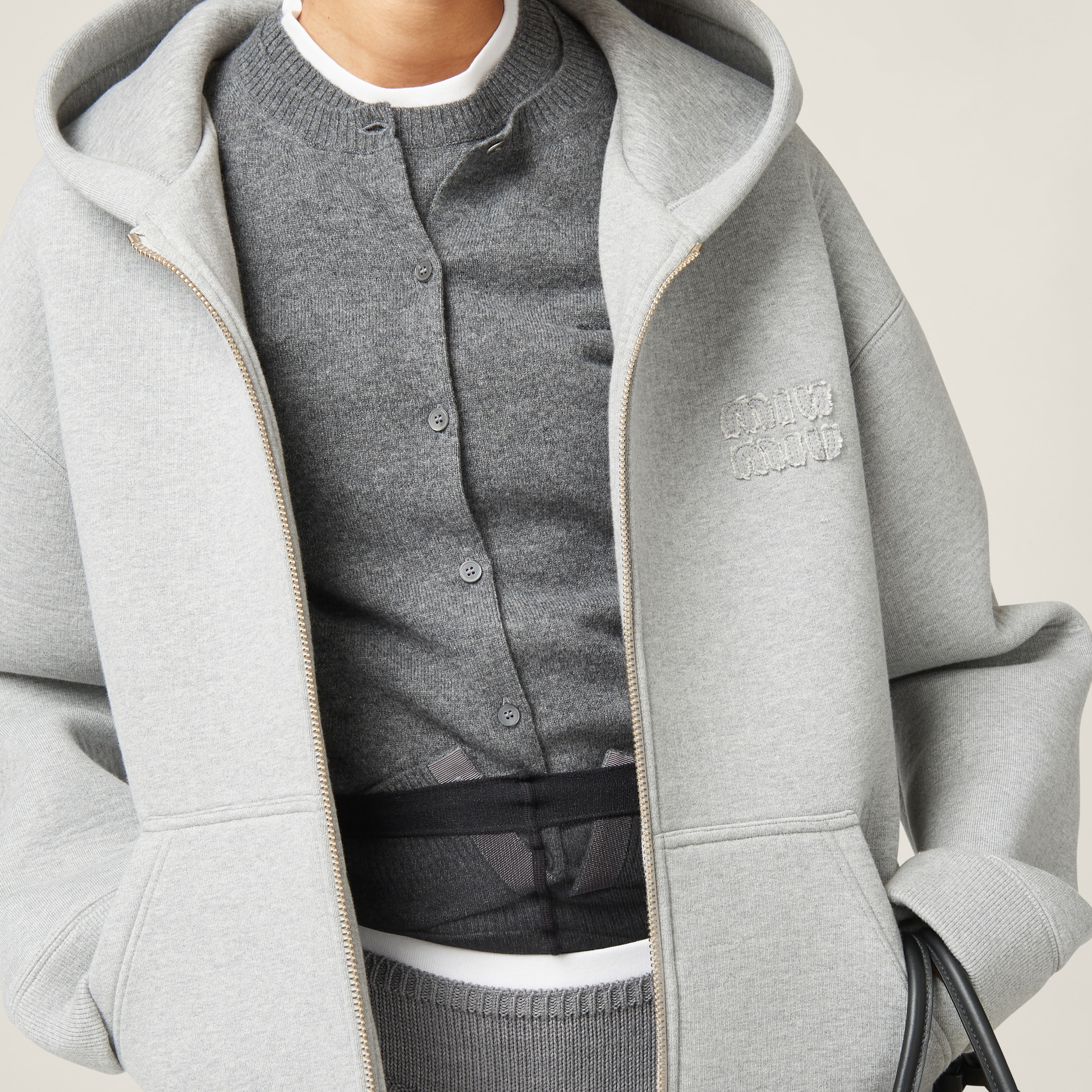 Miu Miu Embroidered Cotton Hoodie - Grey | Editorialist