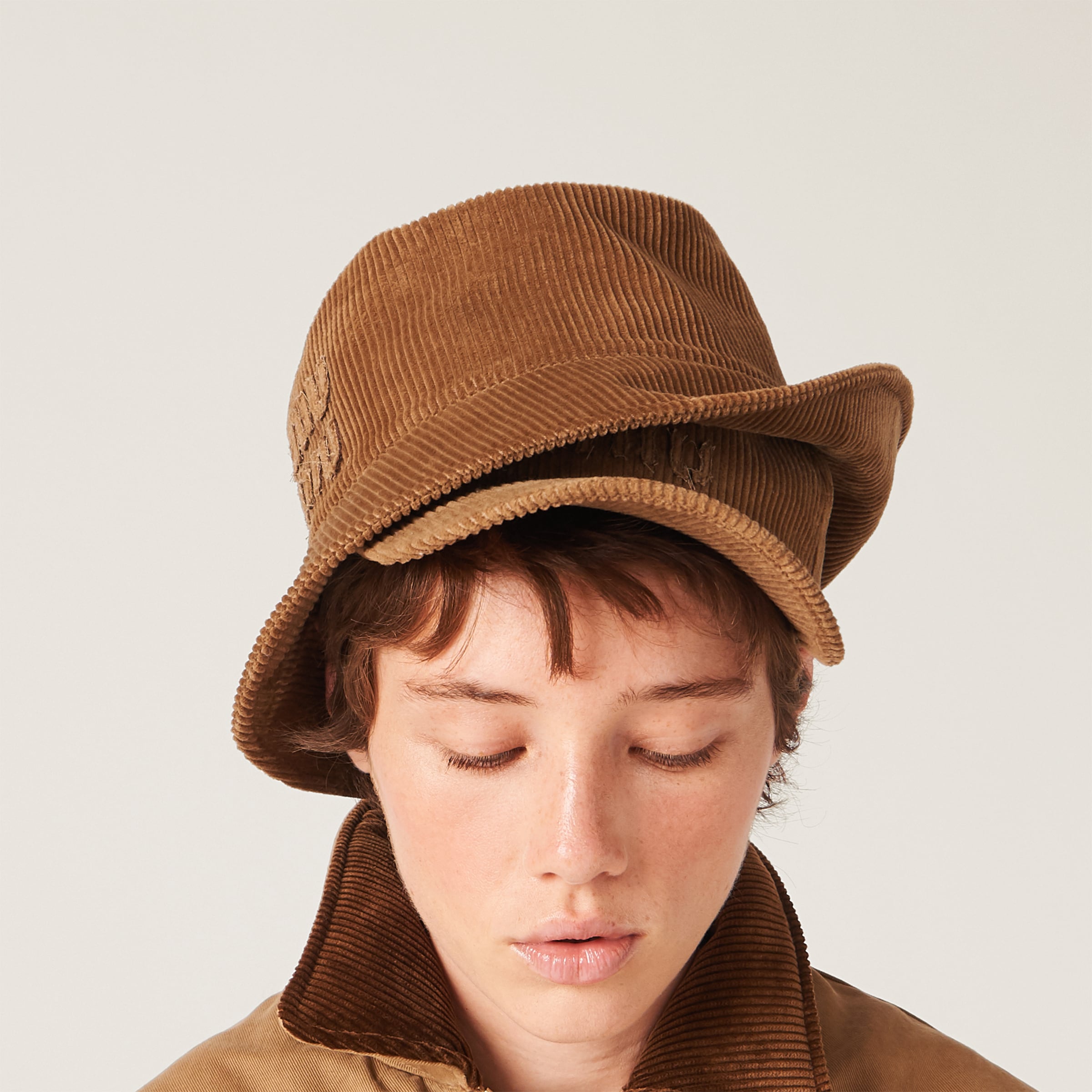 MIU MIU logo corduroy velvet bucket hat M Miu Miu Velvet Bucket Hat - Cinnamon | Editorialist main image 2