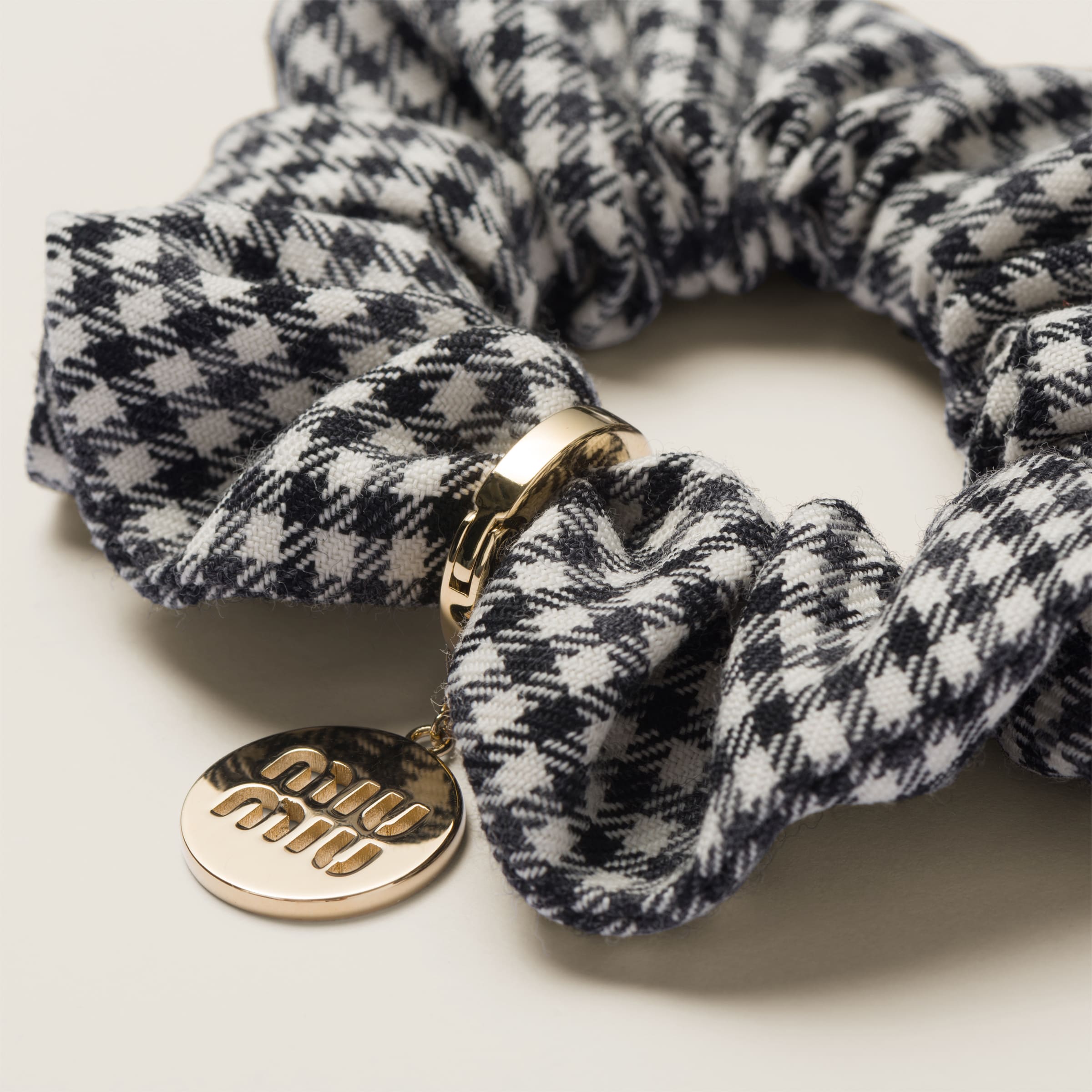 Miu Miu Gingham Check Wool Scrunchie - Black/White | Editorialist
