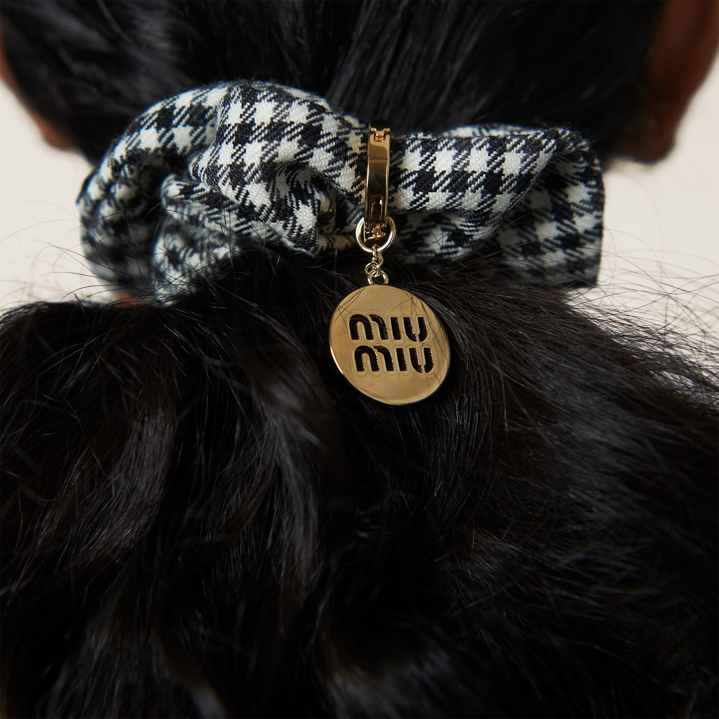 Miu Miu Gingham Check Wool Scrunchie - Black/White | Editorialist