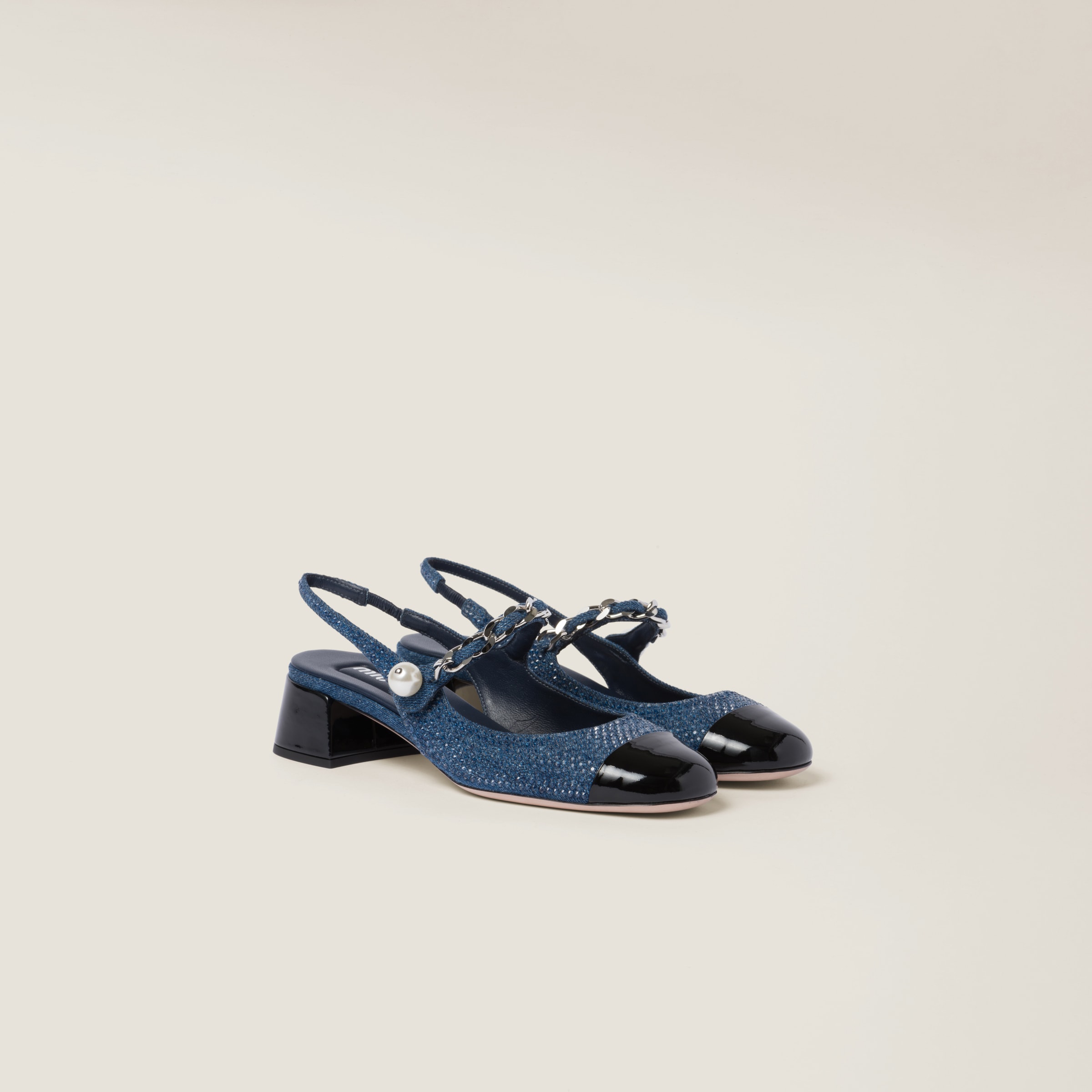 Miu Miu Denim And Patent Leather Slingback Pumps With Artificial