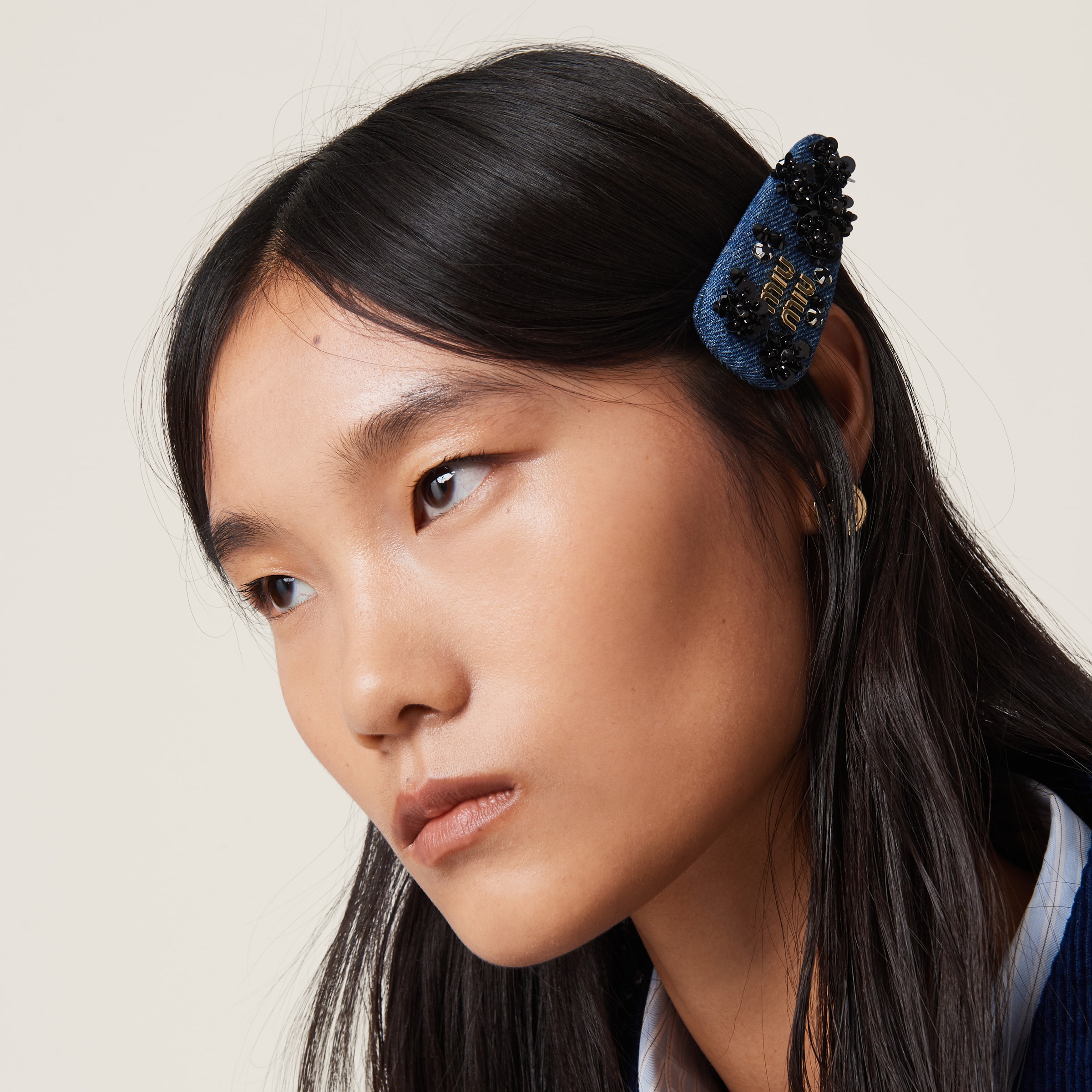 Miu Miu Denim Hair Clip - Blue/Black | Editorialist