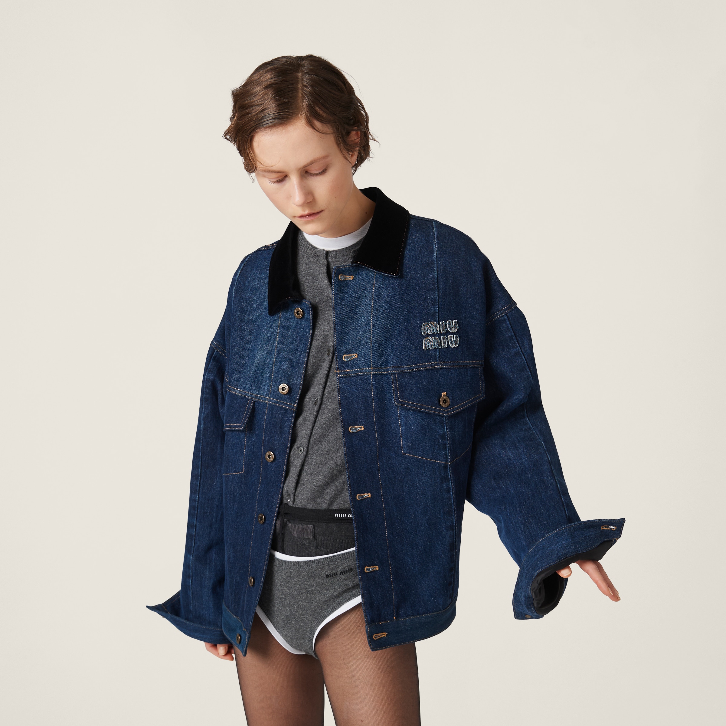 SS1999 miumiu denim tracker jacket サイズ40 Miu Miu Denim Trucker Jacket - Navy | Editorialist