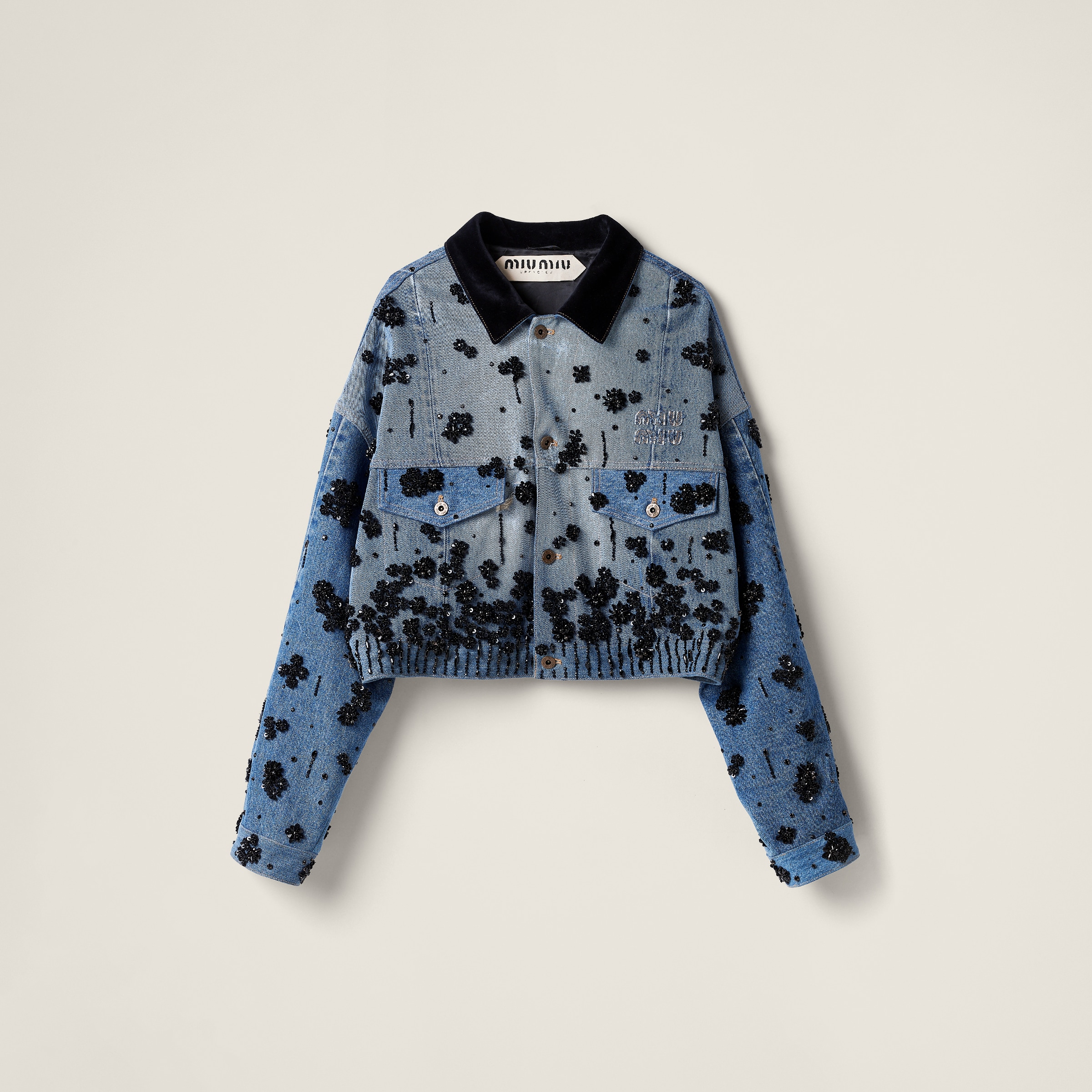 Miu Miu Embellished Denim Trucker Jacket - Navy | Editorialist