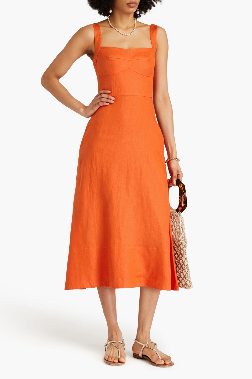 open lace back dress Burnt Orange Printed Linen-Blend Lucy Midi Dress main image 0