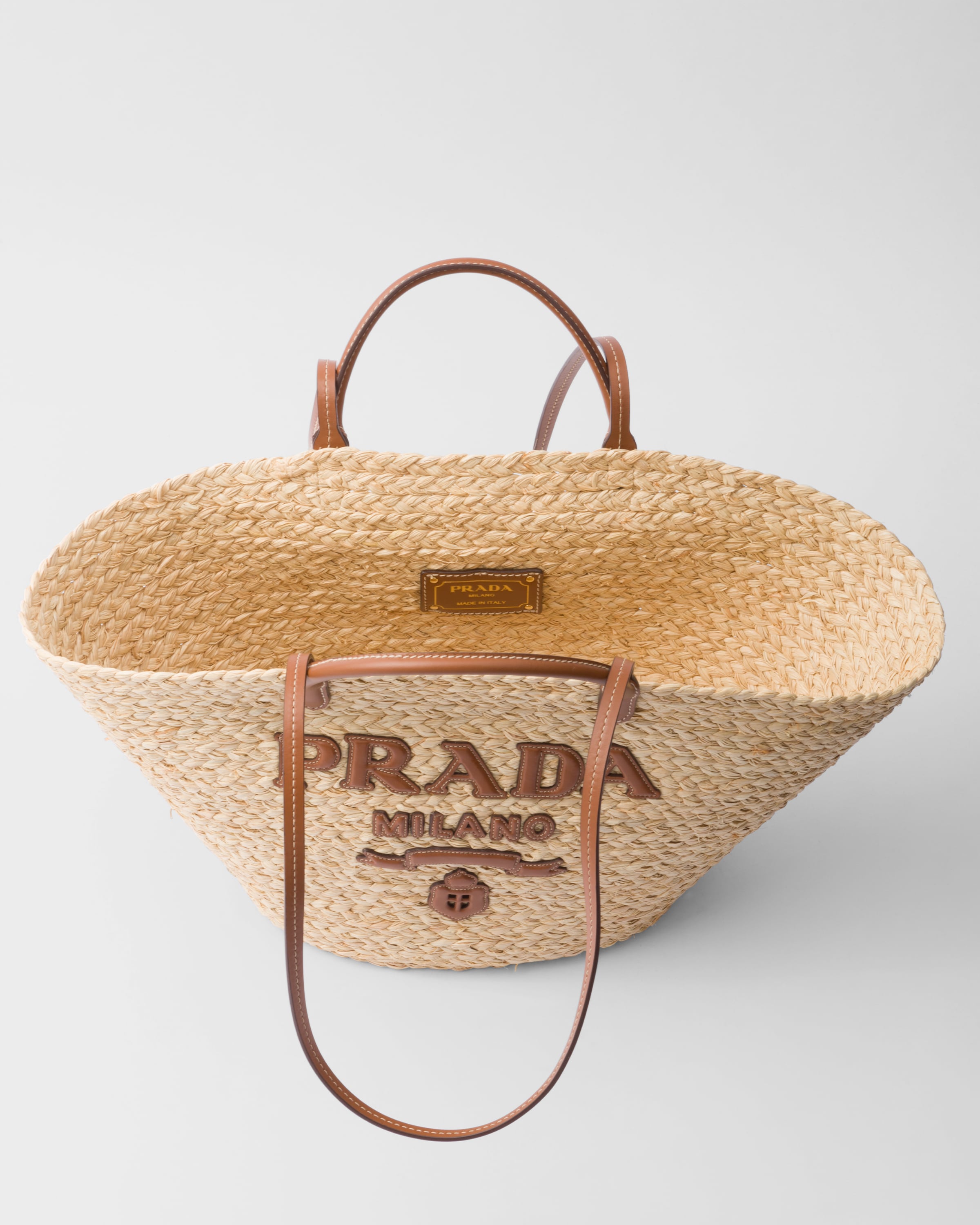 Prada Large Raffia And Leather Shopper Bag - Beige/Cognac