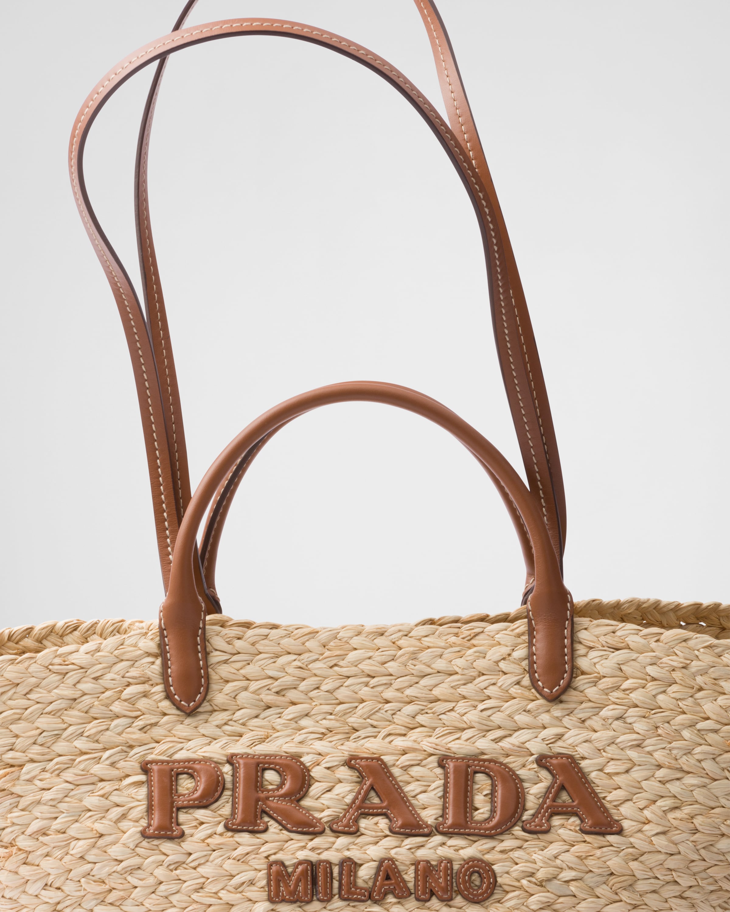 Prada Large Raffia And Leather Shopper Bag - Beige/Cognac