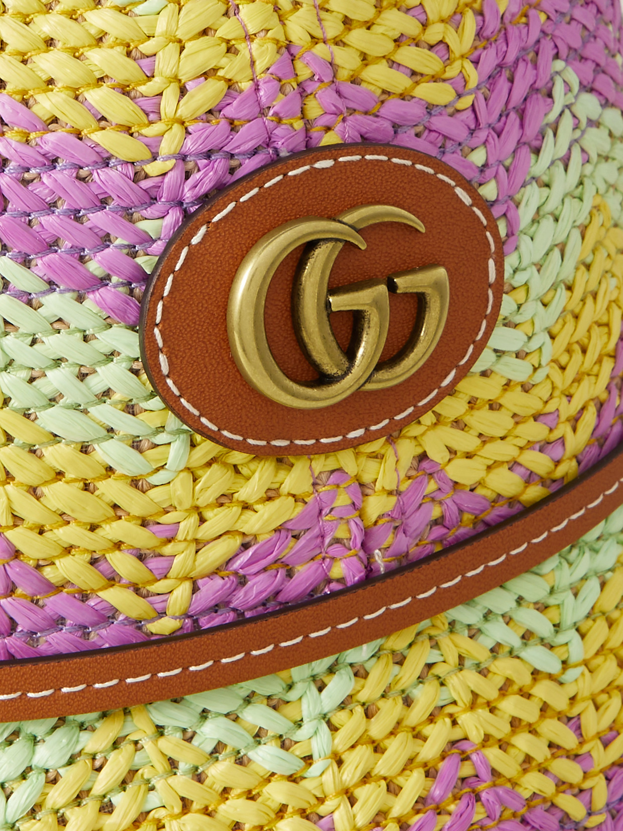 NEW GUCCI  Embellished Leather-Trimmed Straw Bucket Hat $1,190 SZ S GUCCI Beverlie floral-print silk and leather-trimmed straw  main image 4