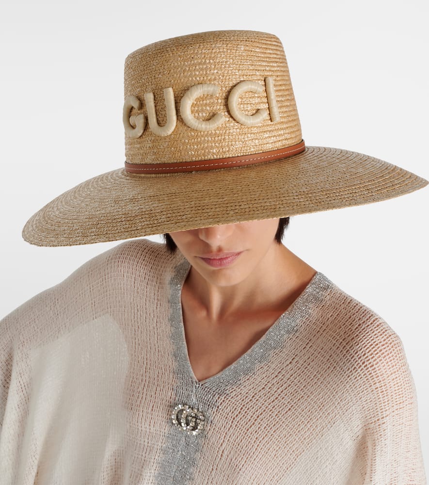 Gucci Flat-Top Straw Hat, Head Circumference 57 cm Gucci Gold Metallic Straw Boater Hat Wide Brim Black  main image 4