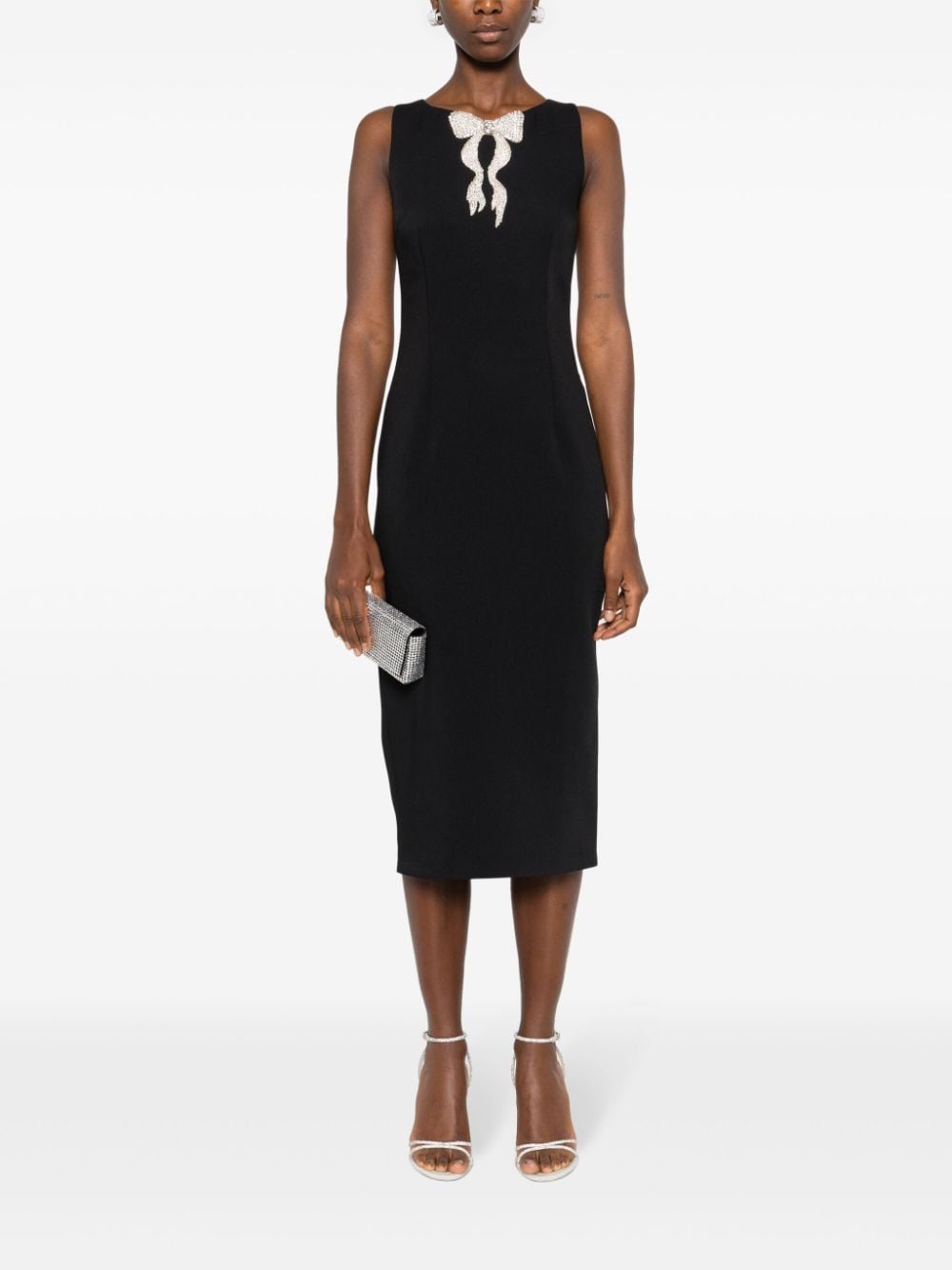 bow detail lace trim a line midi dress in black Clarina | Black Asymmetric-Neck Midi Dress With Bow-Detail