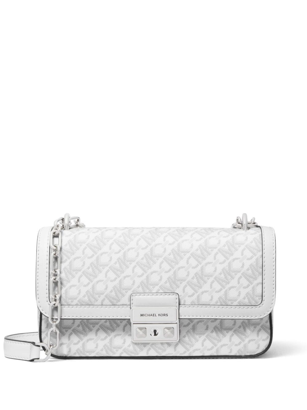 Michael Kors Tribeca Monogram Shoulder Bag In White 50% Off