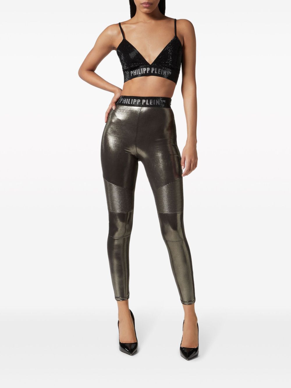 PHILIPP PLEIN logo-waistband lamé leggings