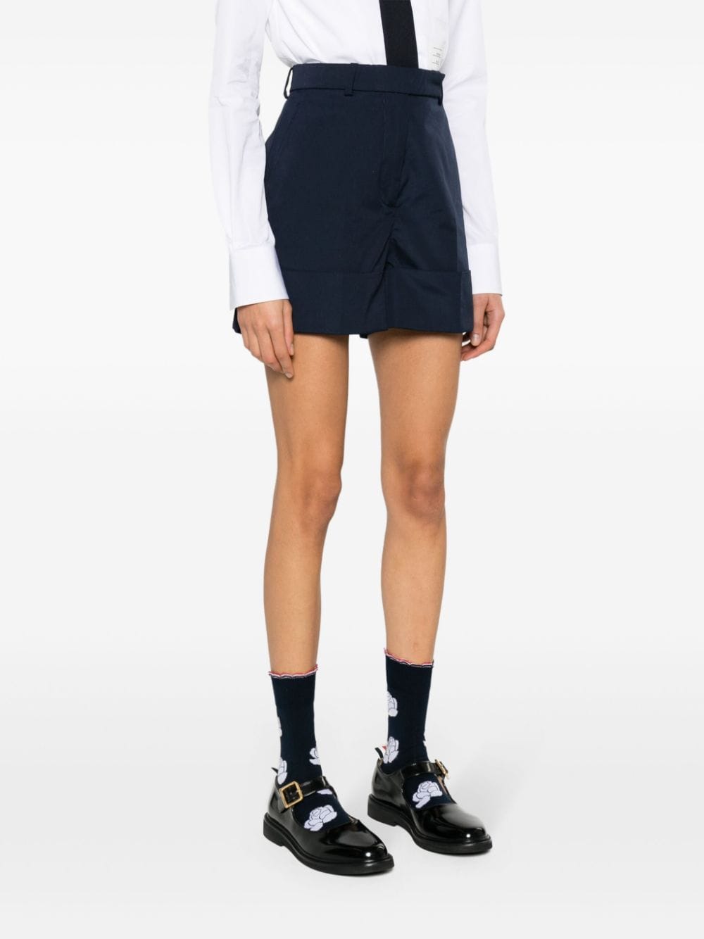 THOM BROWNE Thom Browne Navy Blue Poplin Typewriter Sack Shorts