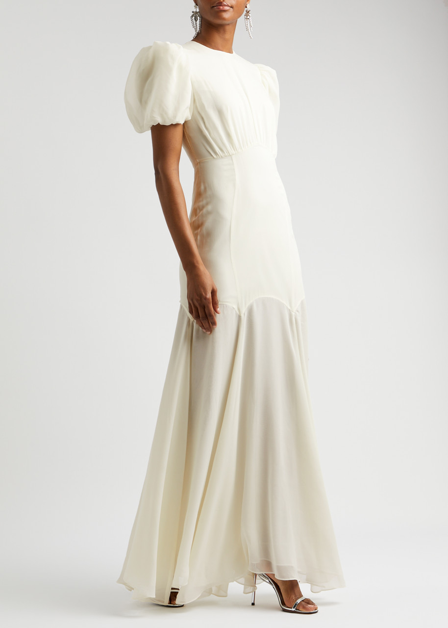 tiered puff sleeve maxi dress THEORY V-Neck Tiered PuffSleeve Maxi Dress – Silver Accents