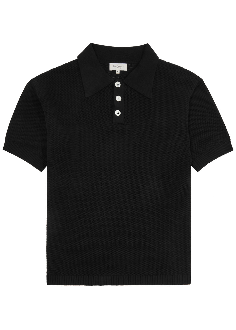 Second Layer Open-Knit Cotton Polo Shirt In Black - 50% Off