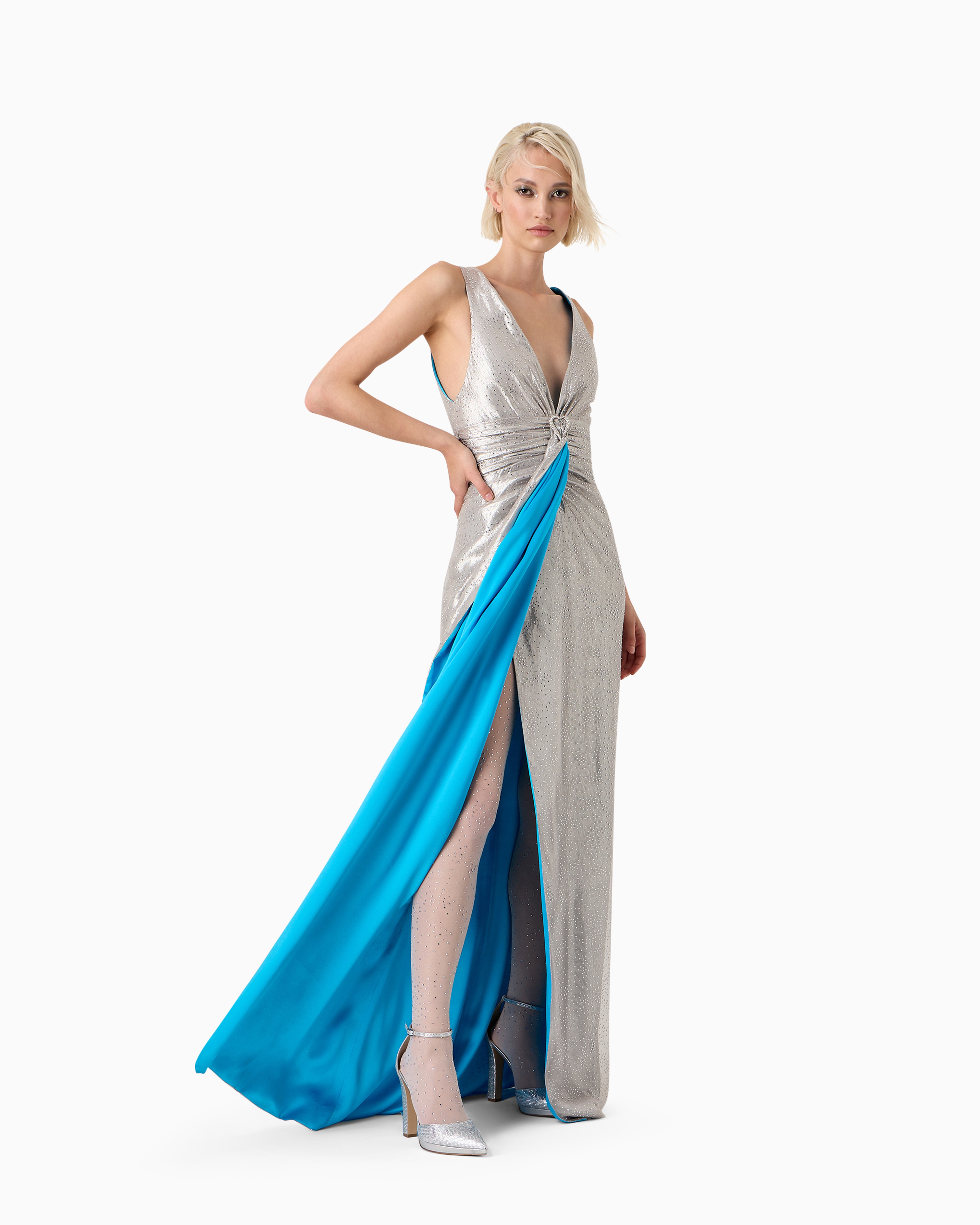 GIORGIO ARMANI Lurex and Tulle Long Dress with Rhinestone Embroidery