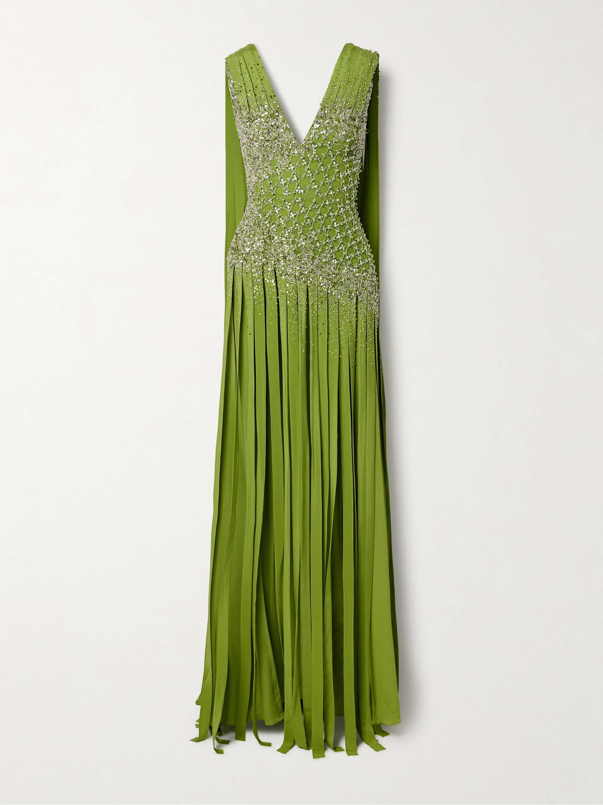 Georges Hobeika Embellished Fringed Georgette Gown In Green - 50% Off | Editorialist Georges Hobeika Embellished Fringed Georgette Gown In Green - 50% Off | Editorialist