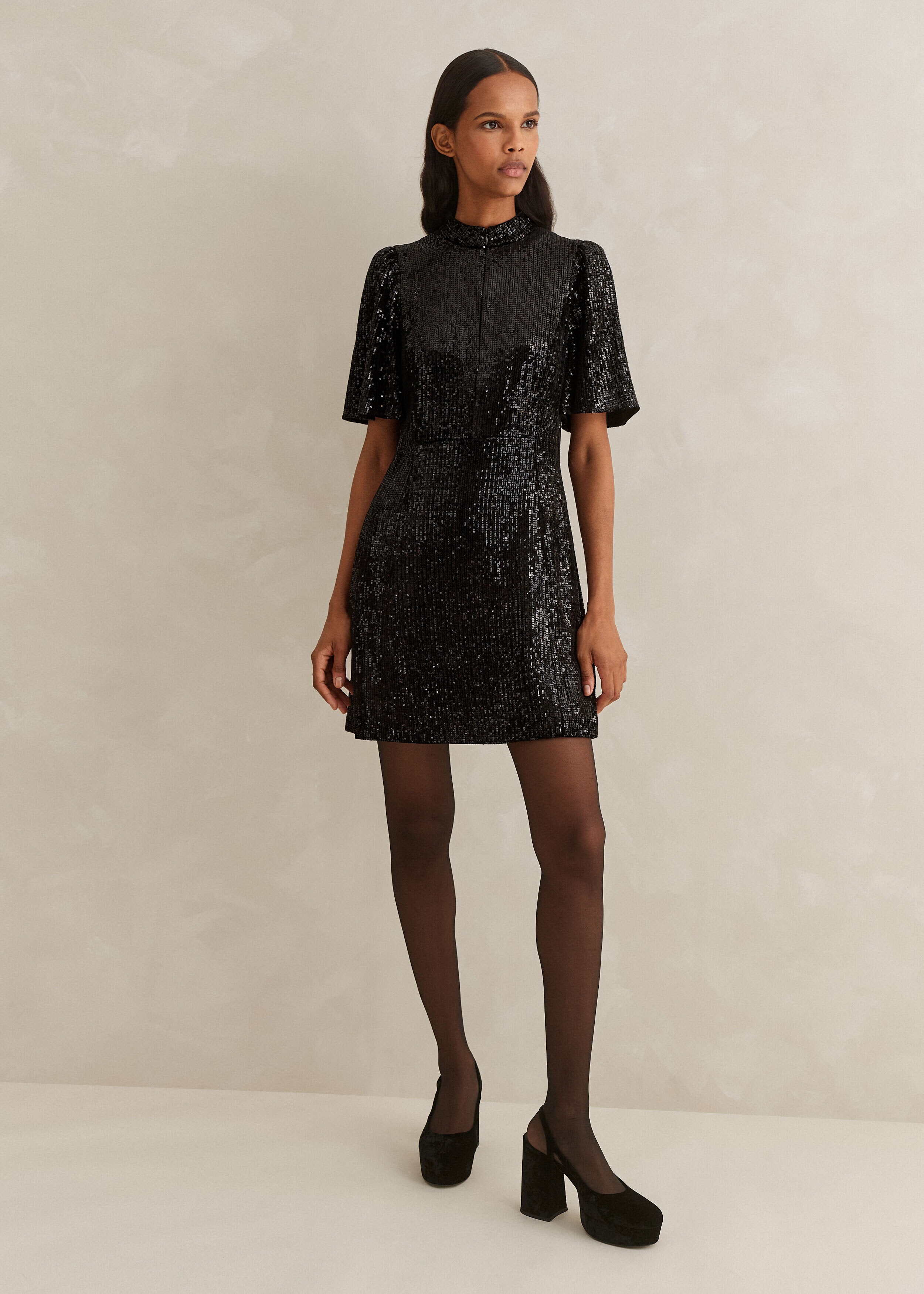 me and em mini dress Me+Em Silk-Blend Velvet Sequin Mini Shift Dress - Black