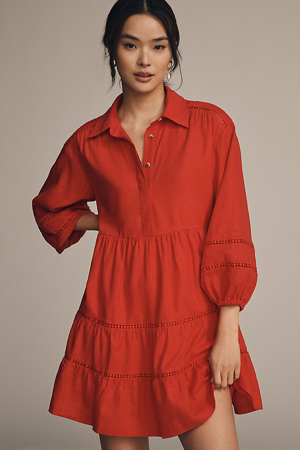 Maeve The Bettina Linen Blend Tiered Mini Shirt Dress - Yellow Pattern | Editorialist Maeve The Bettina Linen Blend Tiered Mini Shirt Dress - Yellow Pattern | Editorialist
