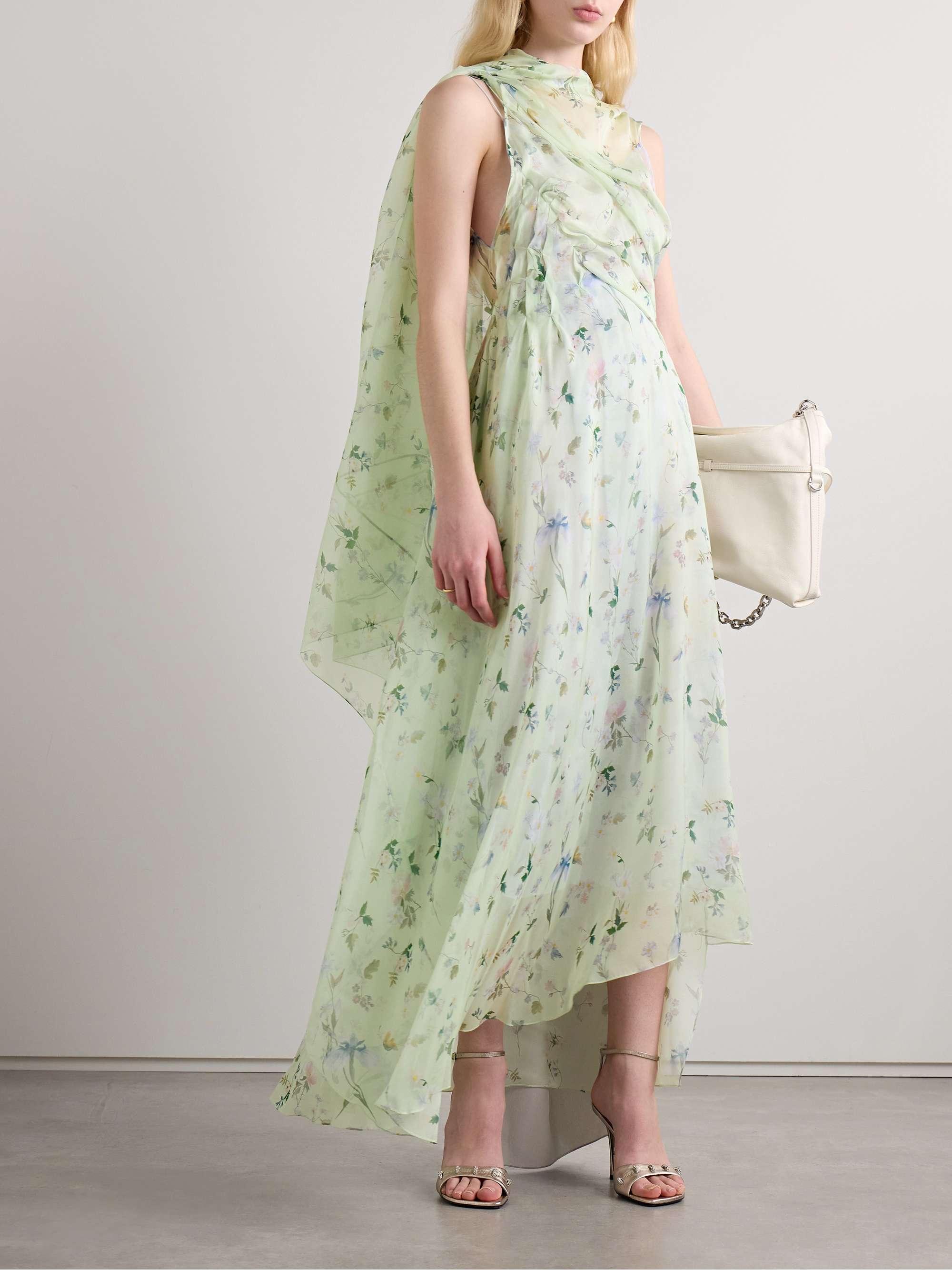 givenchy draped dress in silk georgette with lavallière Givenchy Lavaliere Cape-Effect Satin-Trimmed Draped Floral-Print Silk-Chiffon  Gown In Blue - 50% Off